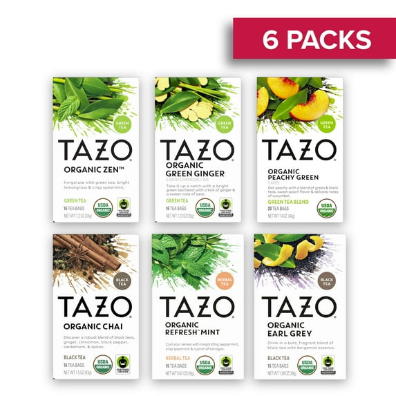 TAZO Organic Tea Bags 6-Pack Variety Bundle - Zen, Chai, Earl Grey, Green Ginger, Mint, Peachy ...