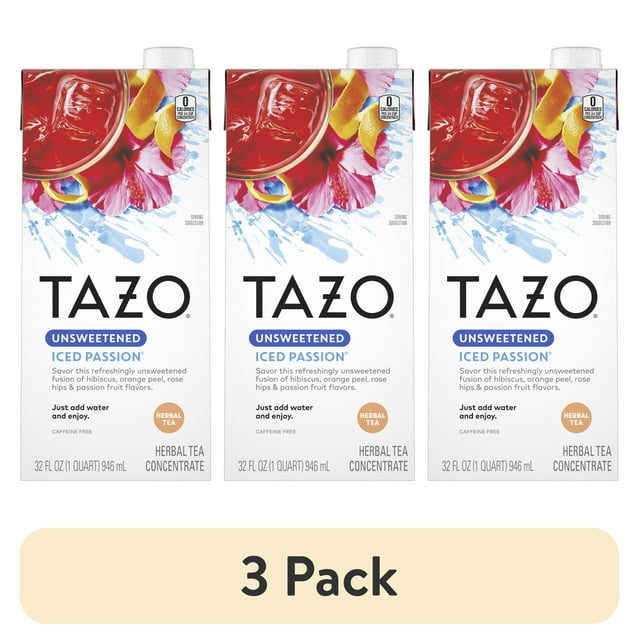 3 Pack Tazo Unsweetened Iced Passion Herbal Tea Concentrate 32 Oz