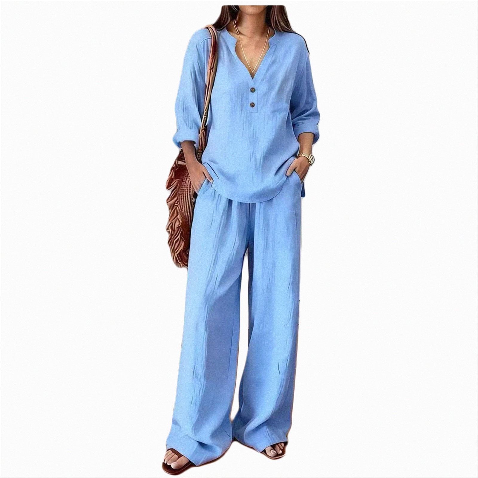 TAmten Two Piece Sets for Women Summer Outfits V Neck Wide Leg Pant ...