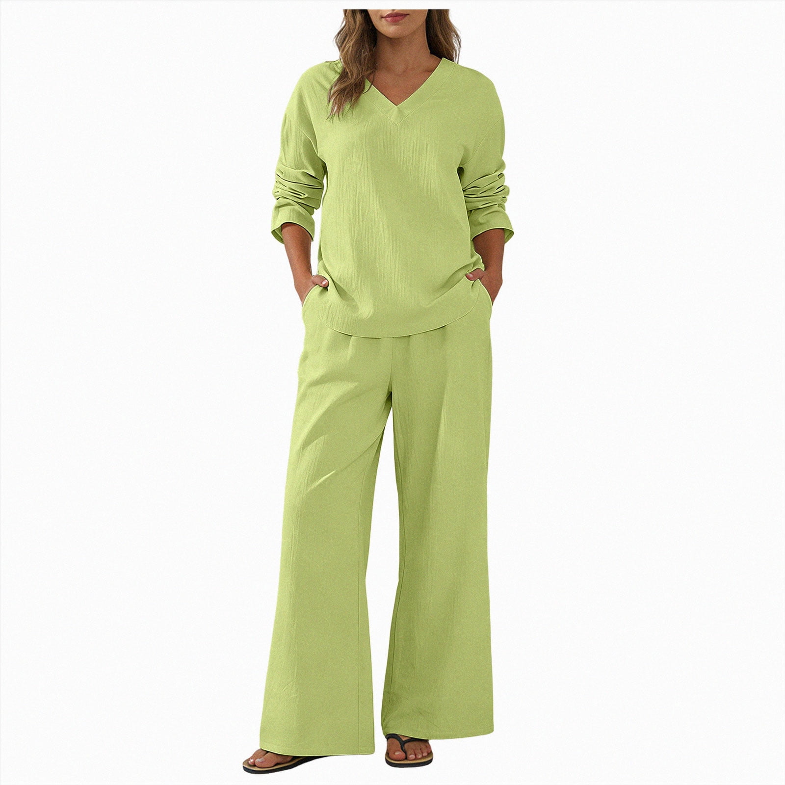 TAmten Women's 2 Piece Matching Lounge Sets Summer Henley Neck Wide Leg ...