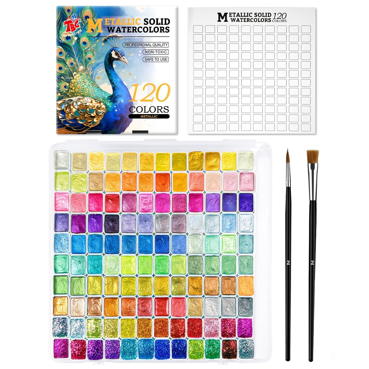TBC 120 Colors Metallic Solid Watercolor Set, 2 Brushes & Palette ...