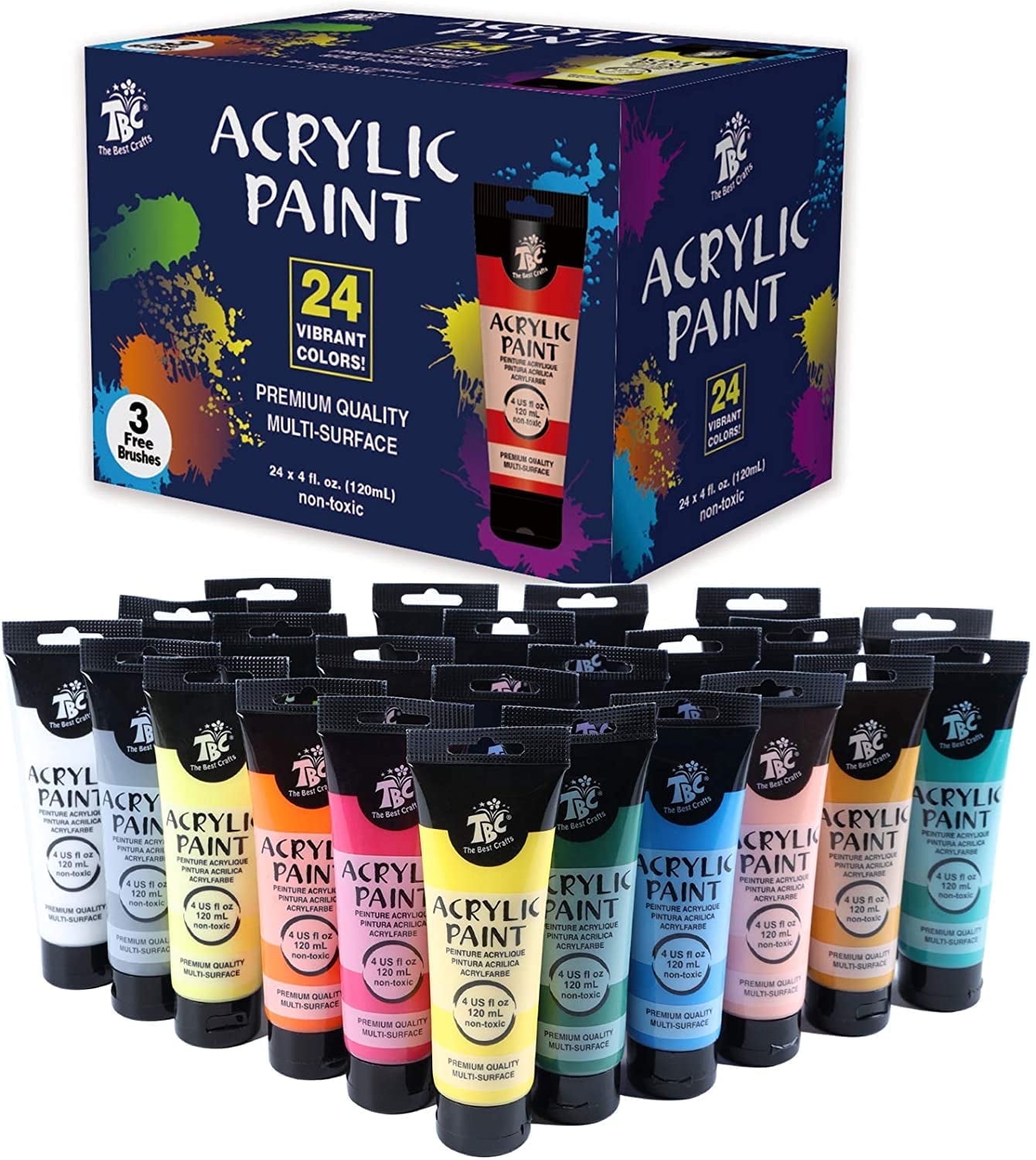 TBC Acrylic Paint Set, 24 Colors with 3 Brushes, Non-Toxic for Kids ...