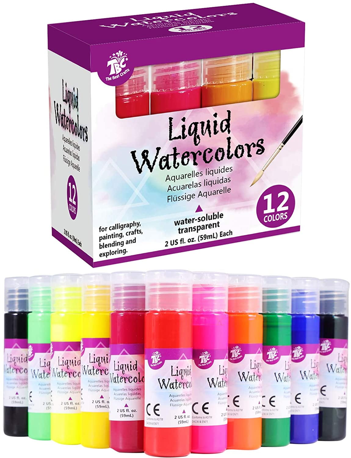 TBC Premium 12 Colors Liquid Watercolor Paint Set (2 Oz.) for Kids ...