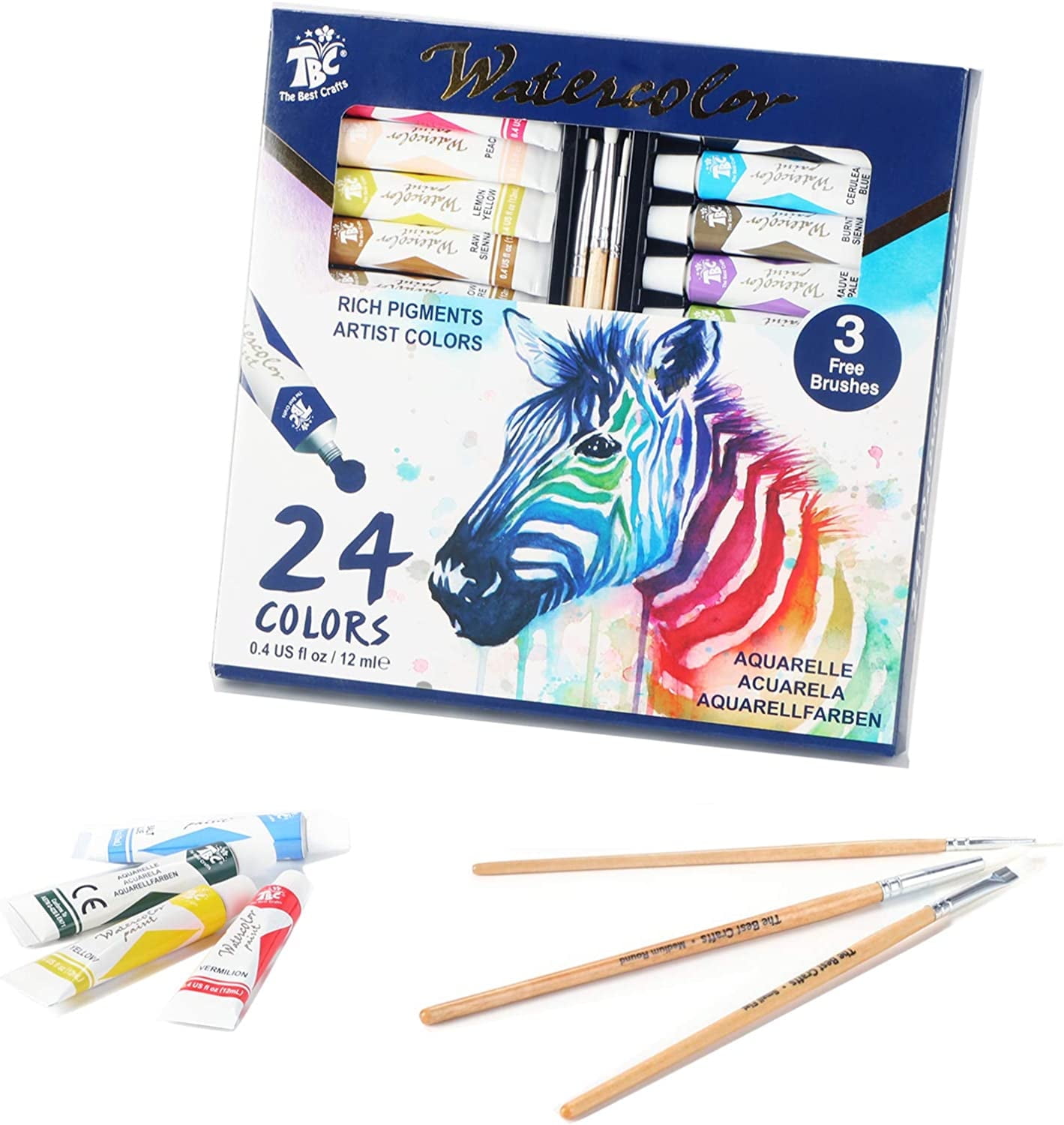 TBC The Best Crafts 24-Color Watercolor Paint Set with 3 Bonus Brushes ...