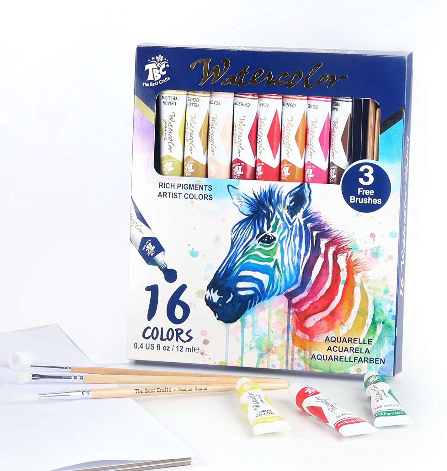 TBC The Best Crafts Watercolor Paint Set, 16 Tubes(12ml/0.4oz) Water ...