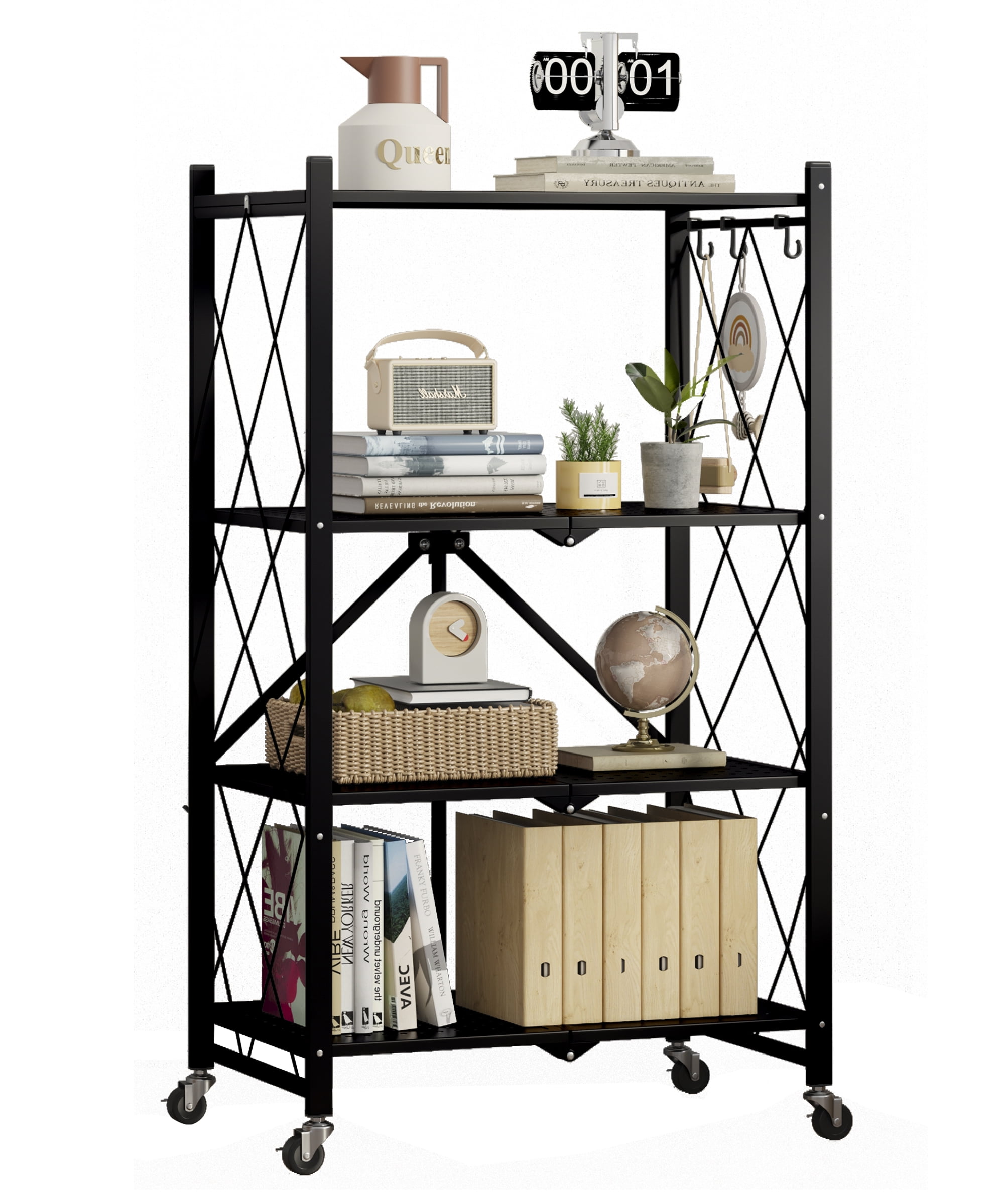 SUGIFT 4-Tier Foldable Metal Storage Shelf with Wheels, No Assembly ...