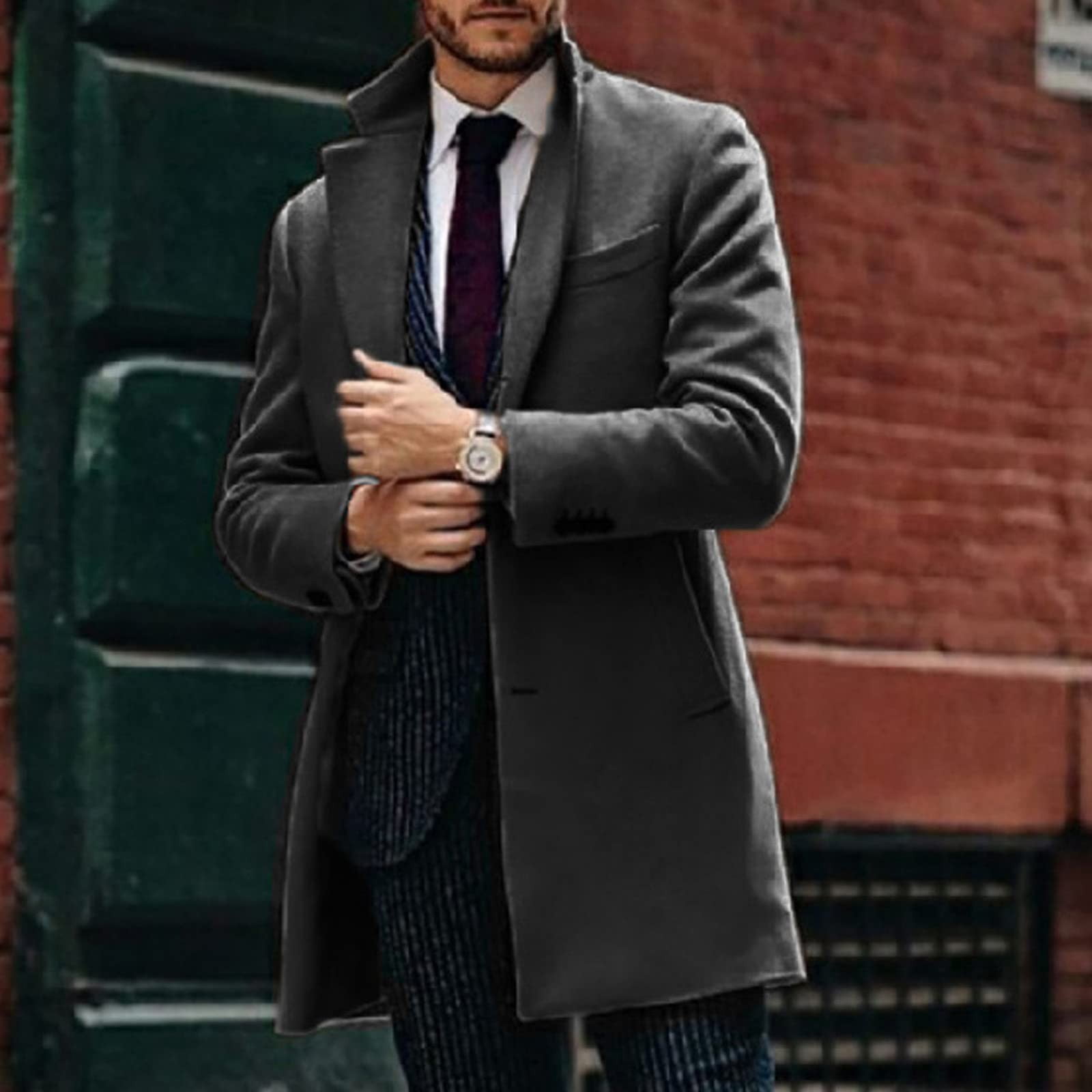 TBKOMH Mens Winter Trench Coat, Single Breasted Wool Blend, Oversized ...