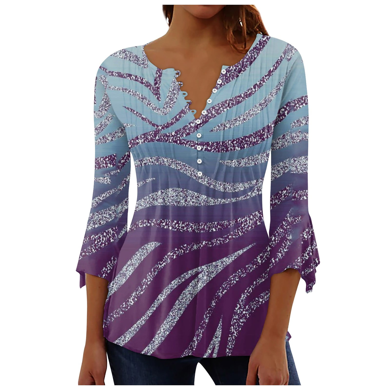 TBKOMH Summer Tops Fashion Plus Size Tops for Women Casual 3/4 Sleeve V ...