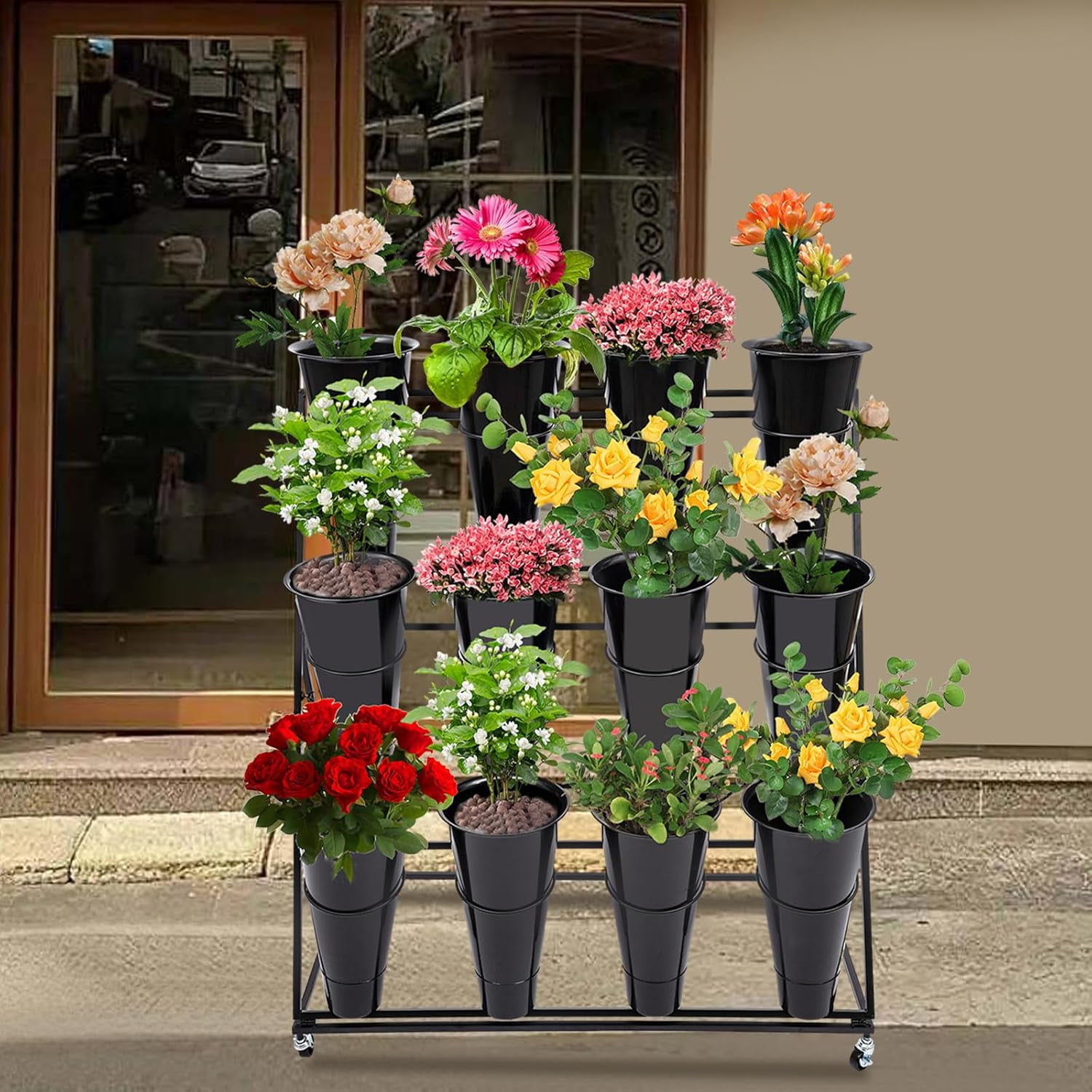 TBVECHI 3-Layer Flower Display Stand with 12 Buckets, Black Iron, 110 ...