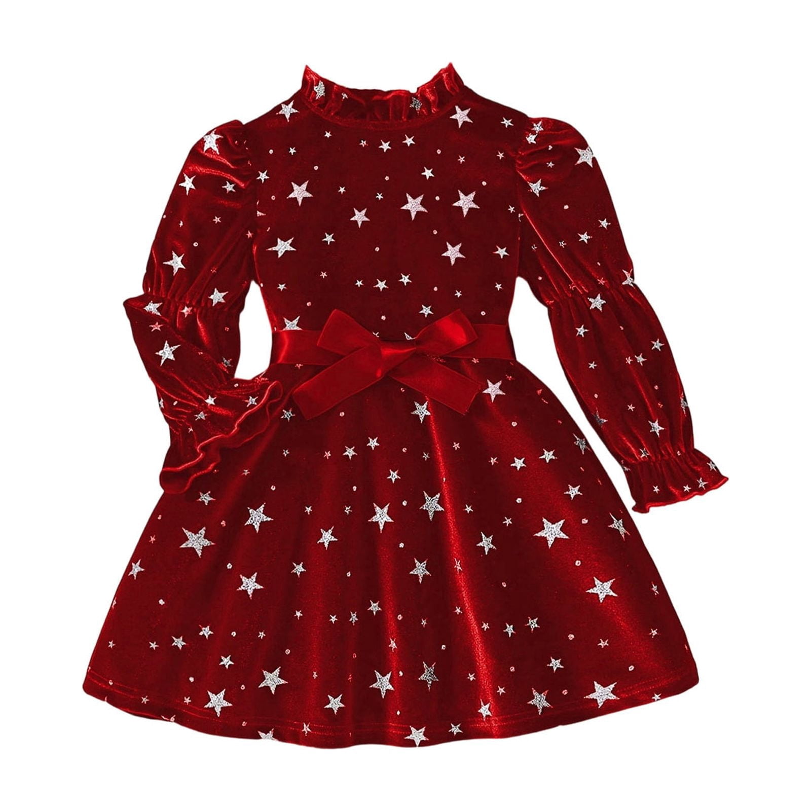 TBWNWG Girls Velvet Star Print Dress with Ruffle Hem and Bow Tie Belt ...