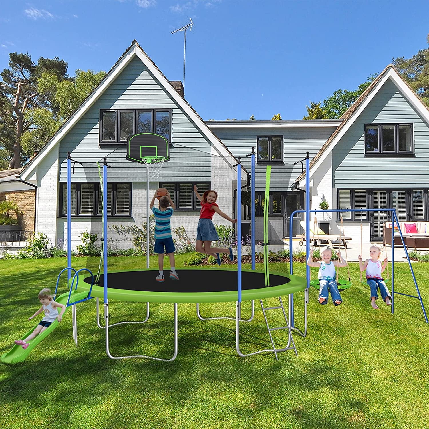 TBWYF 14FT Trampoline Playground with Swings, Slide, Basketball Hoop ...
