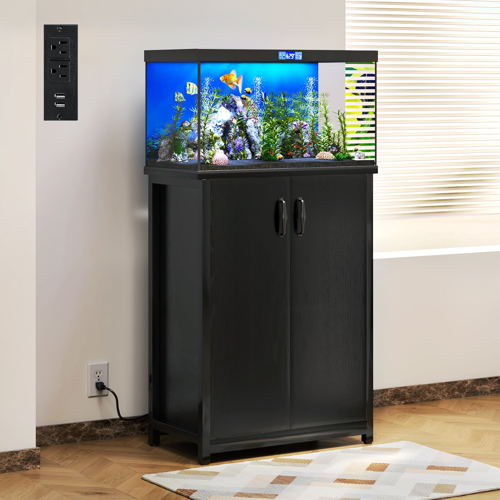 TC-Homeny 10-20 Gallon Fish Tank Stand, Black Cabinet with Charging ...