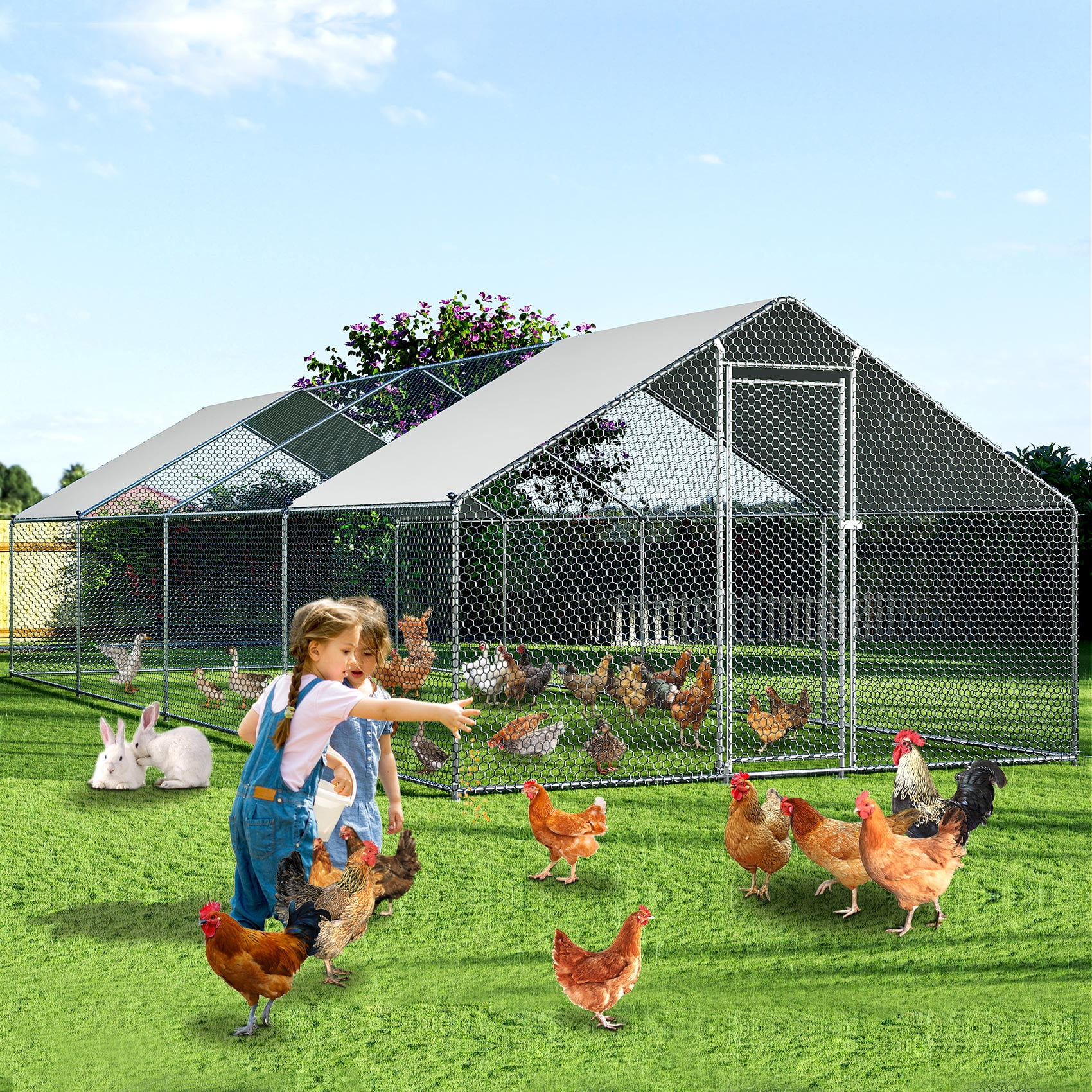 TC-HOMENY 27x10ft Heavy Duty Wire Enclosure Metal Chicken Coop with ...