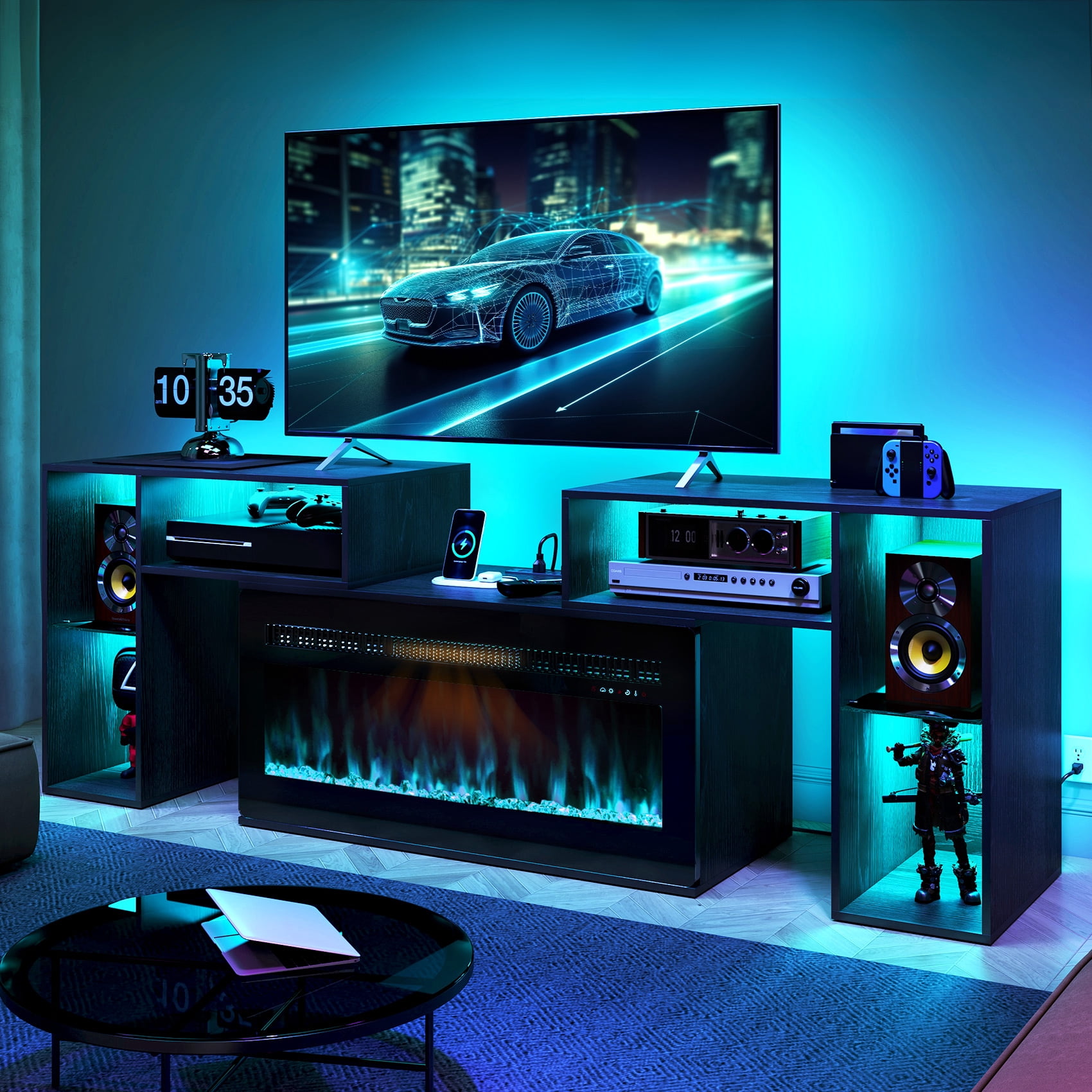"TC-HOMENY Black Entertainment Center, 42"" Electric Fireplace, RGB ...