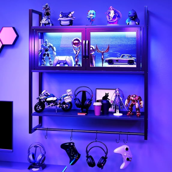 TC-HOMENY Gaming Floating Shelves with LED Lights, 2-Tier Wall Mounted ...