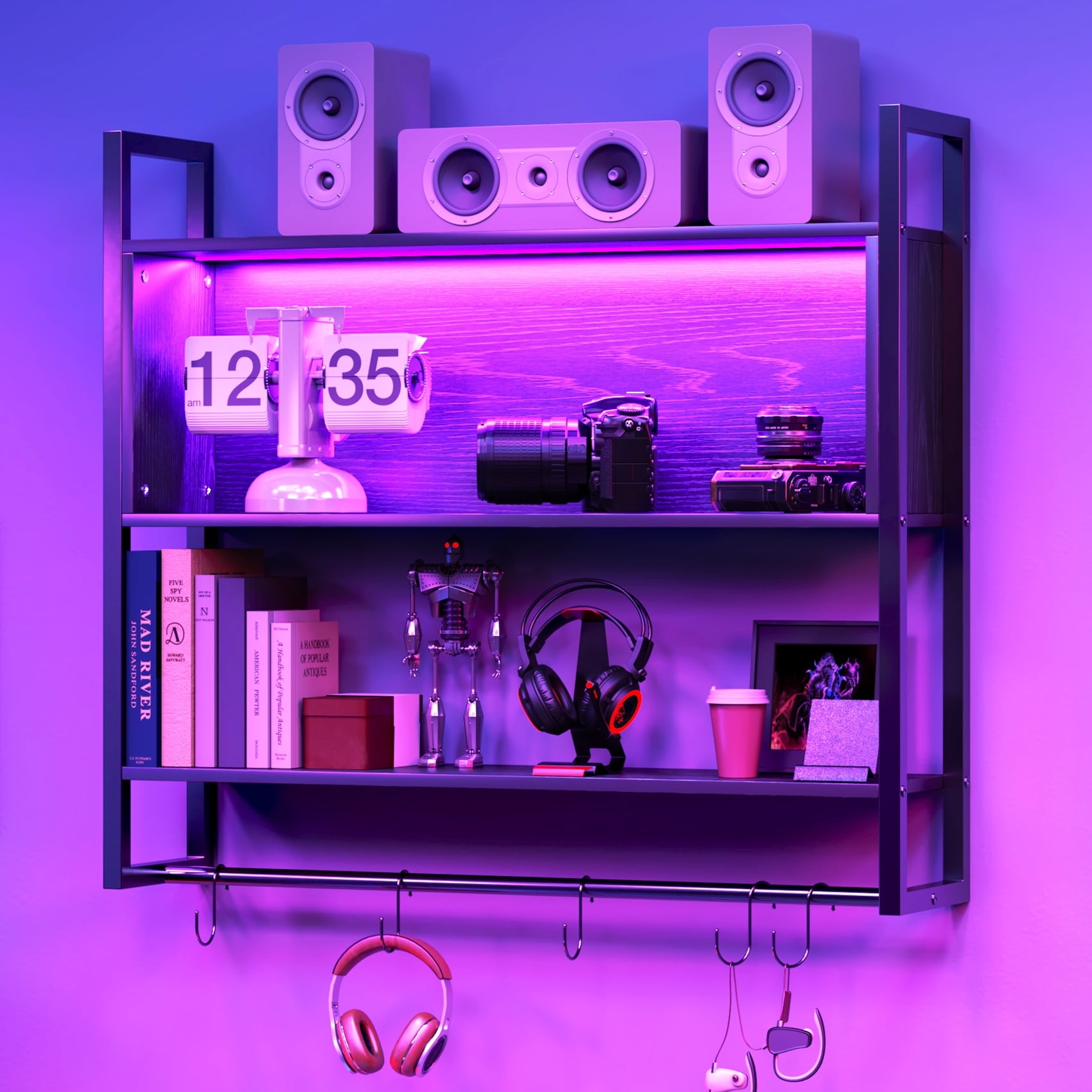 TC-HOMENY Gaming Floating Shelves with LED Lights, 2-Tier Wall Mounted ...