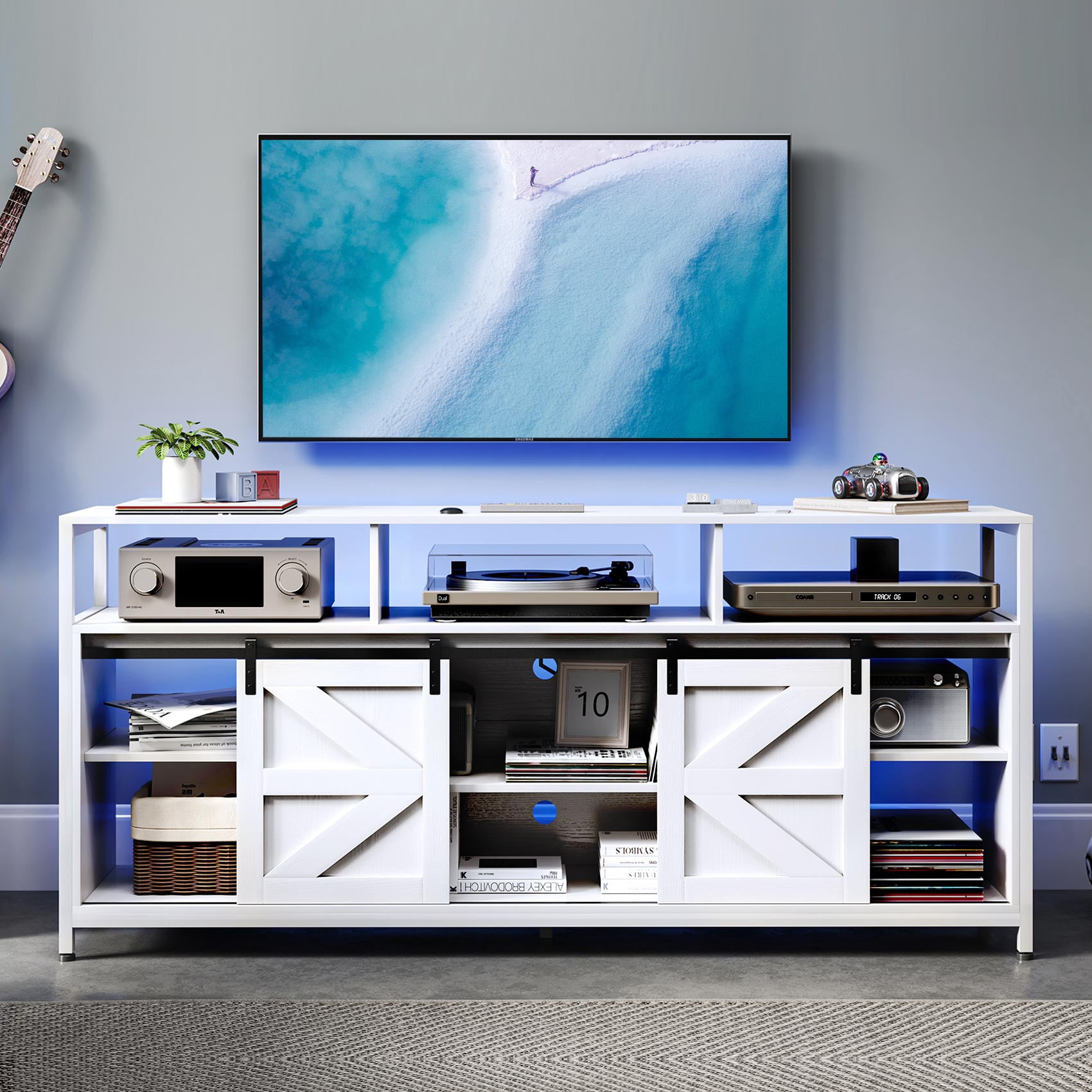 TC-HOMENY 65 inch Farmhouse LED TV Stand, White: Power Station with RGB ...
