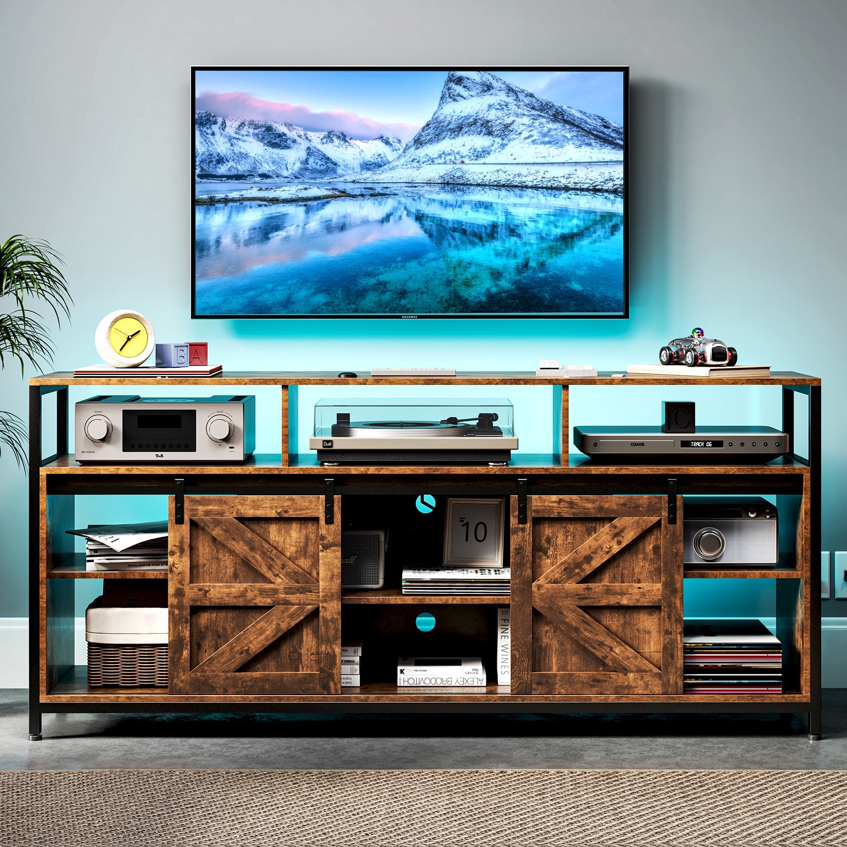 TC-HOMENY LED Barn Door TV Stand for 65 inch TV, Wooden Entertainment ...