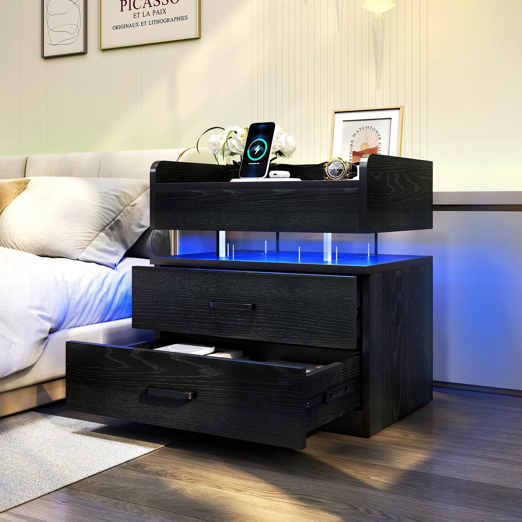 TC-HOMENY LED Nightstand Charger Plug, 2 Drawers, USB Ports, Voice ...