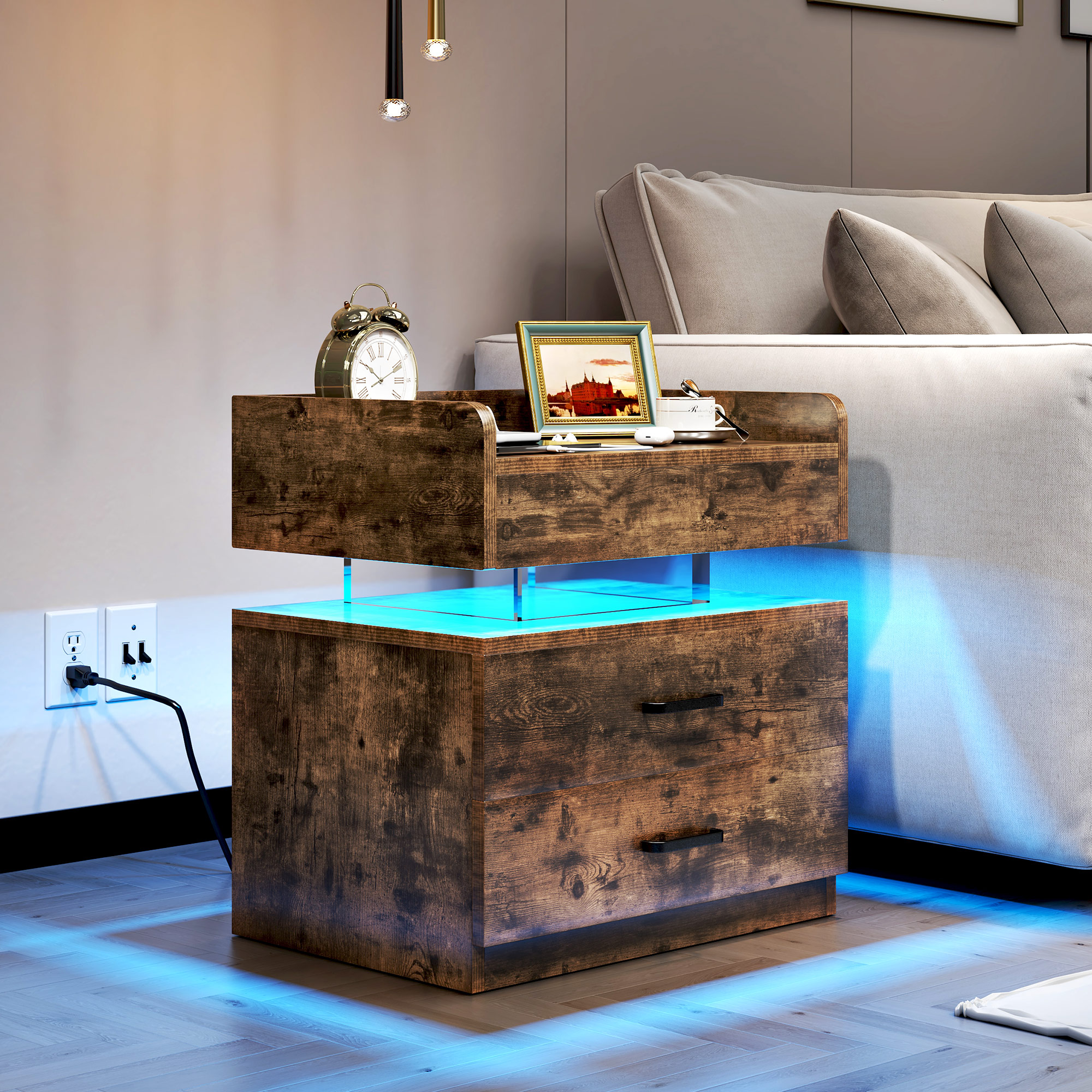 Nightstand End Side Table Storage Stand Cabinet with USB Port&2 Sliding ...