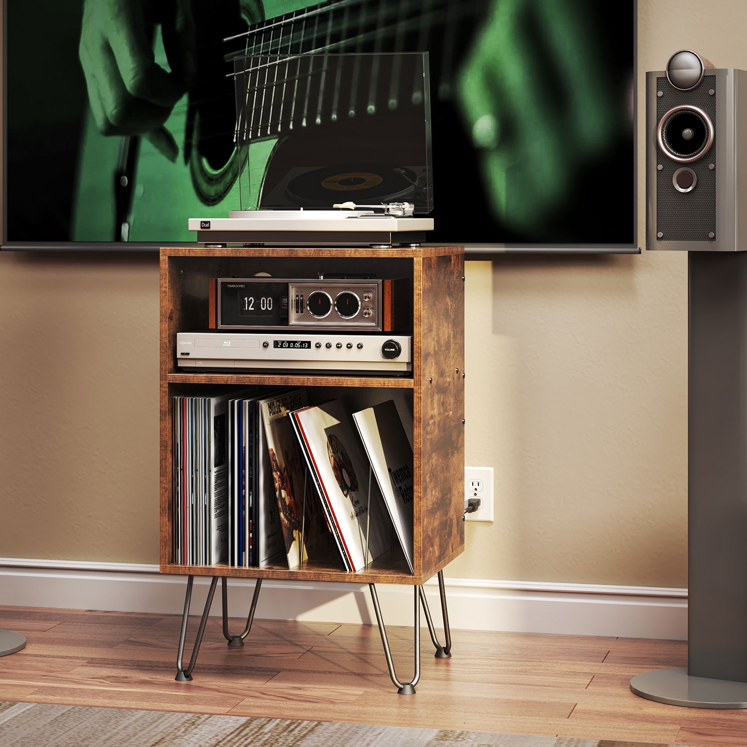 TC-HOMENY Record Player Stand with USB Charging, Record Storage, Wooden ...