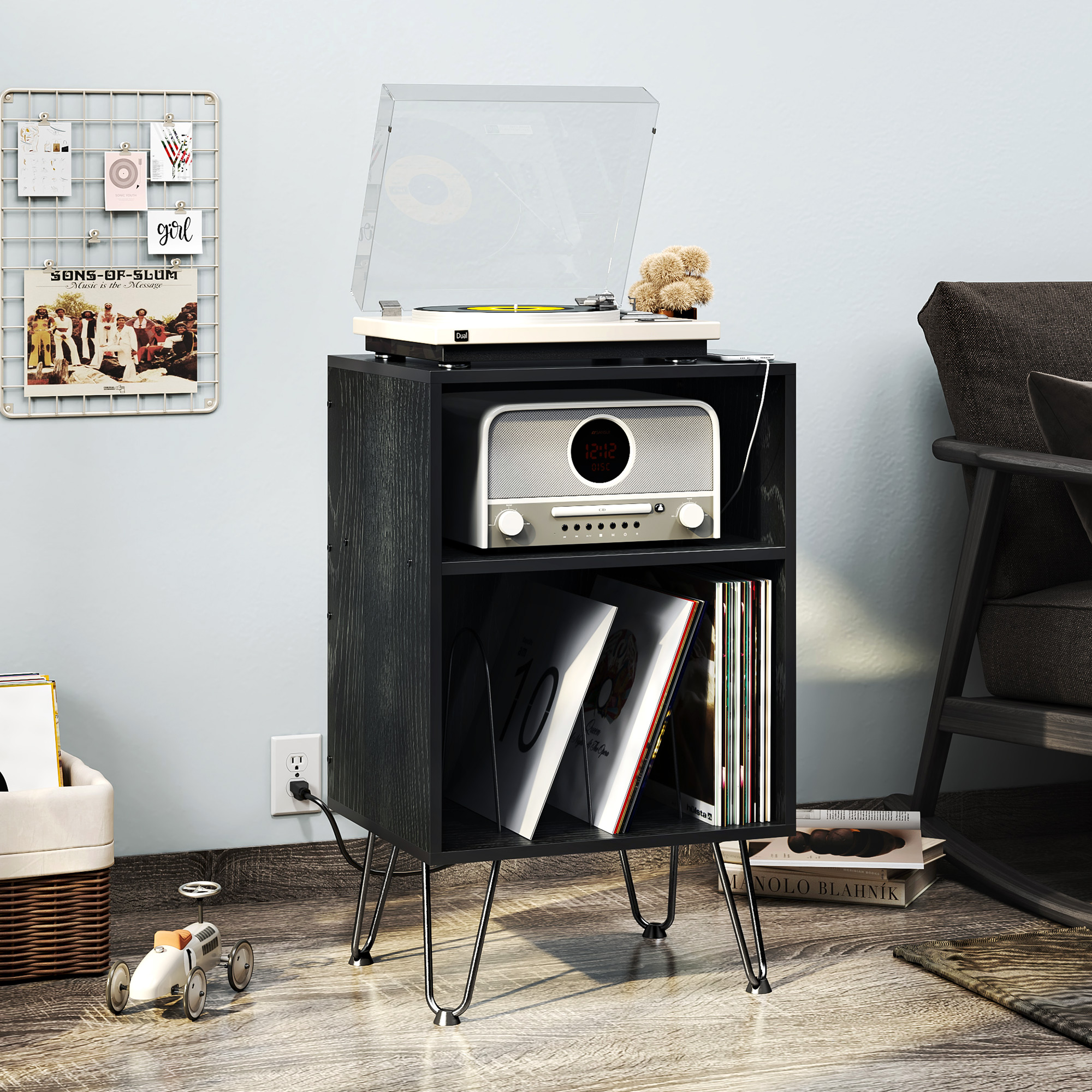 Record Player Stand, Vinyl Record Storage Cabinet with Charging Station ...