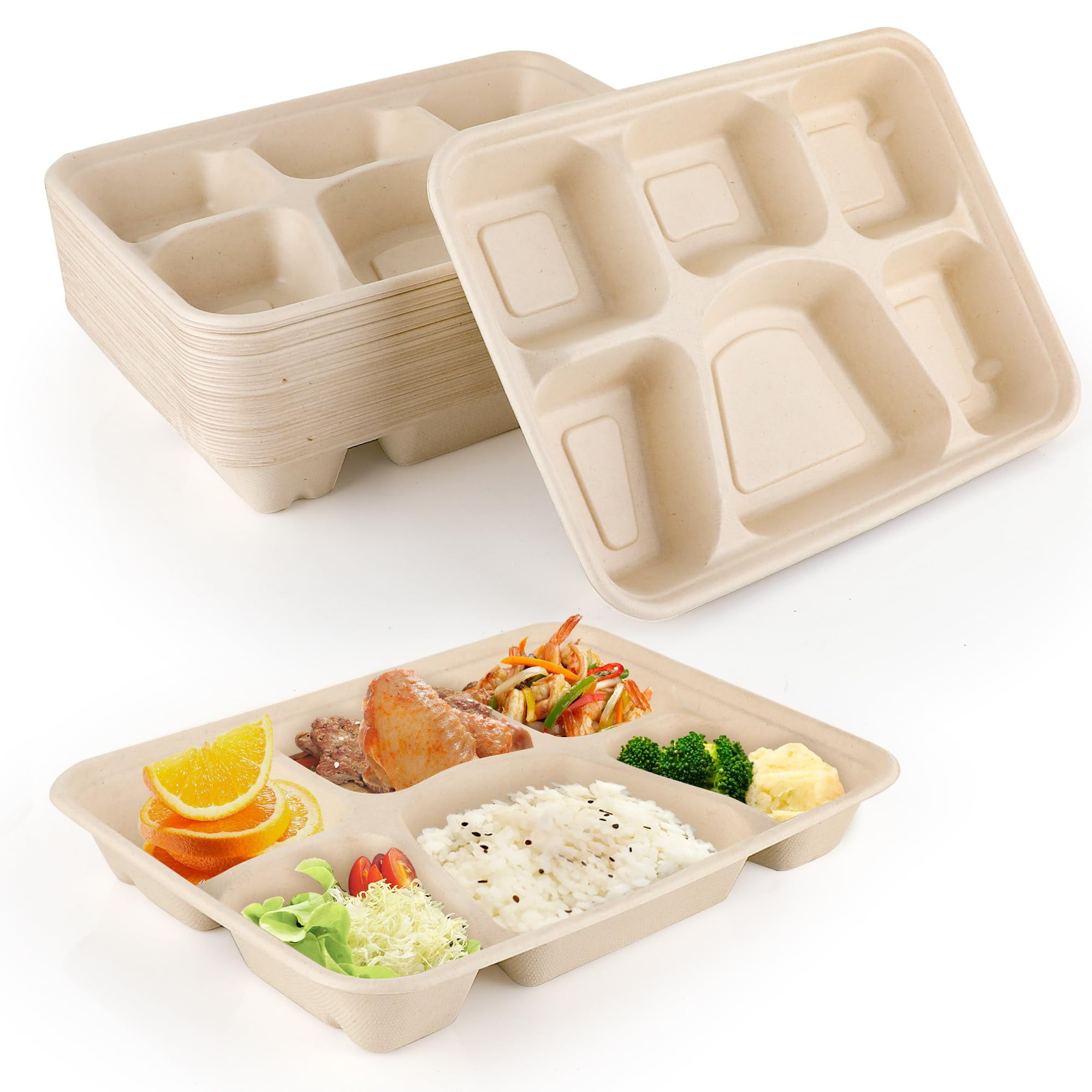 TCAIRG 50 Pack 6-Compartment KEF16 Disposable Plates, 11" Compostable ...