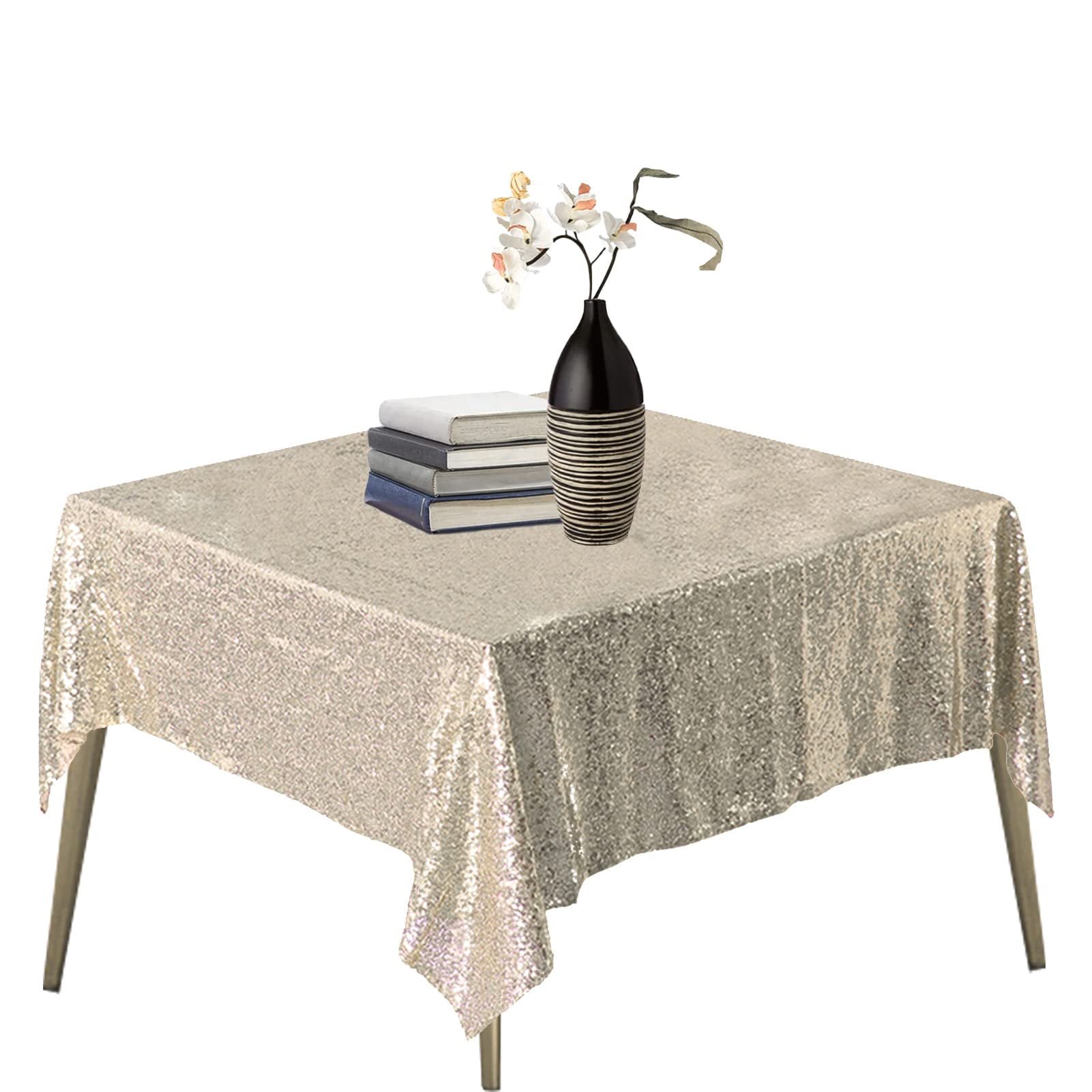 TCBESTO Champagne Sequin Tablecloth 50" x 50" Champagne Gold Glitter Table Cover Square Metallic ...