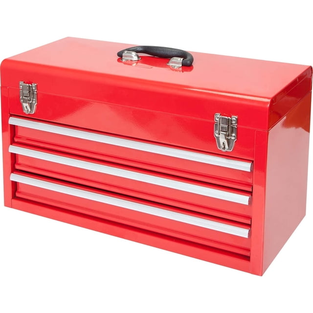 TCE 20" Portable 3 Drawer Steel Tool Box with Metal Latch Closure, Red ...