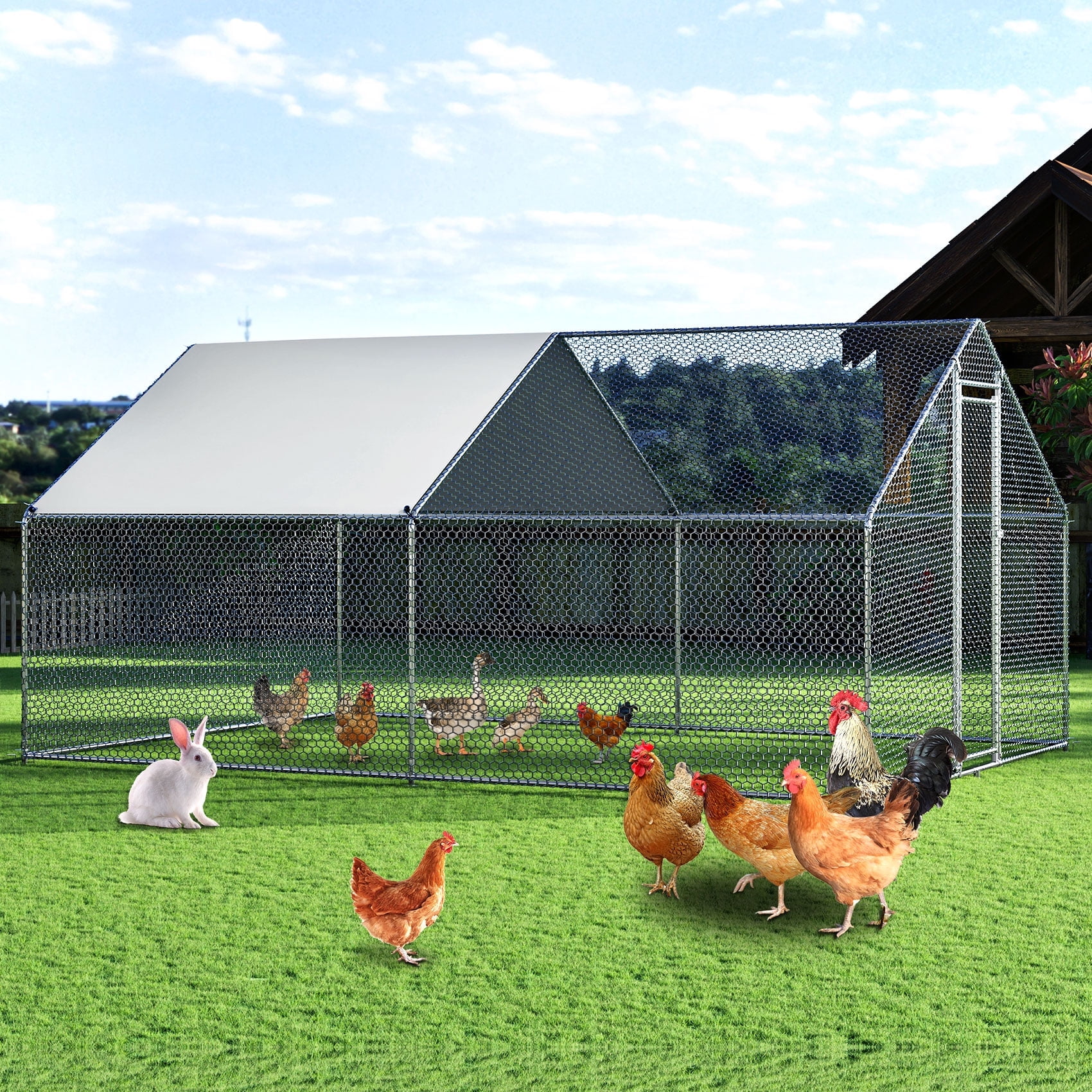 TCFUNDY 13x10ft Chicken Coop, Galvanized Steel Run House with Sunproof ...