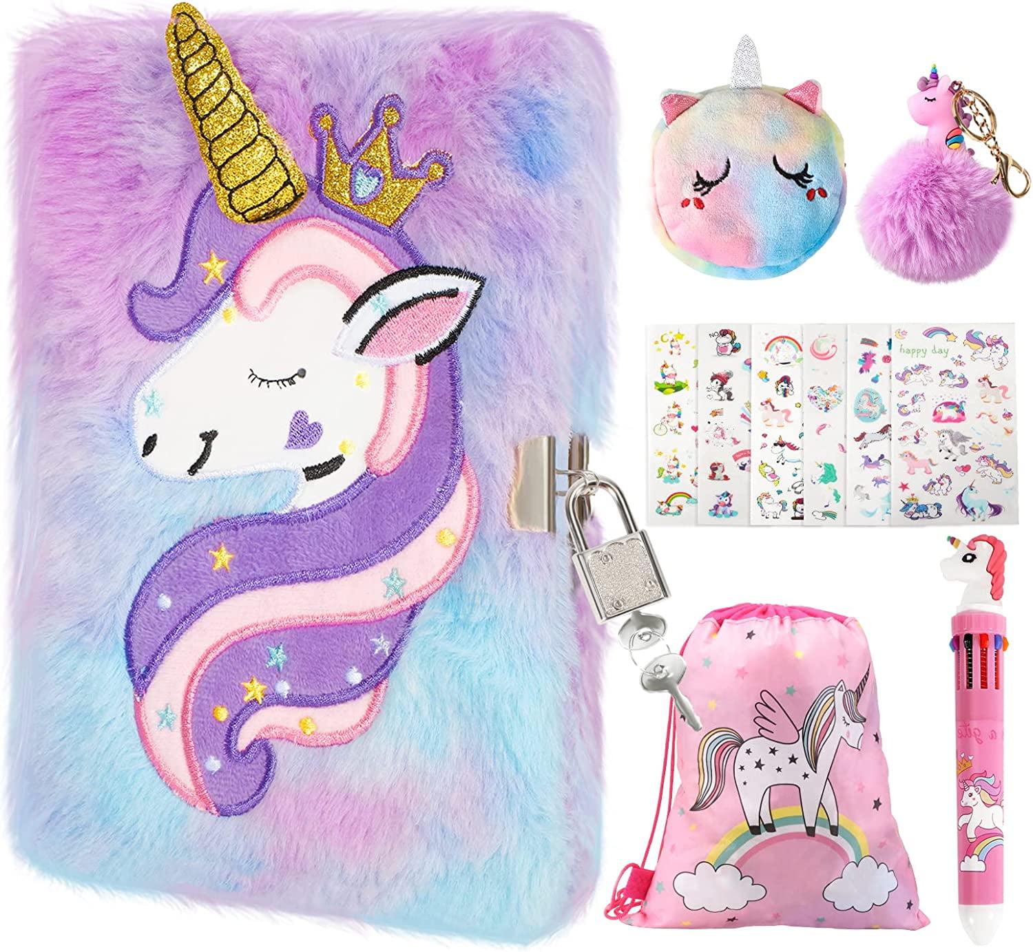 TCJJ Kids Unicorn Diary with Lock and Key,Tie-Dye Fuzzy Journal for ...