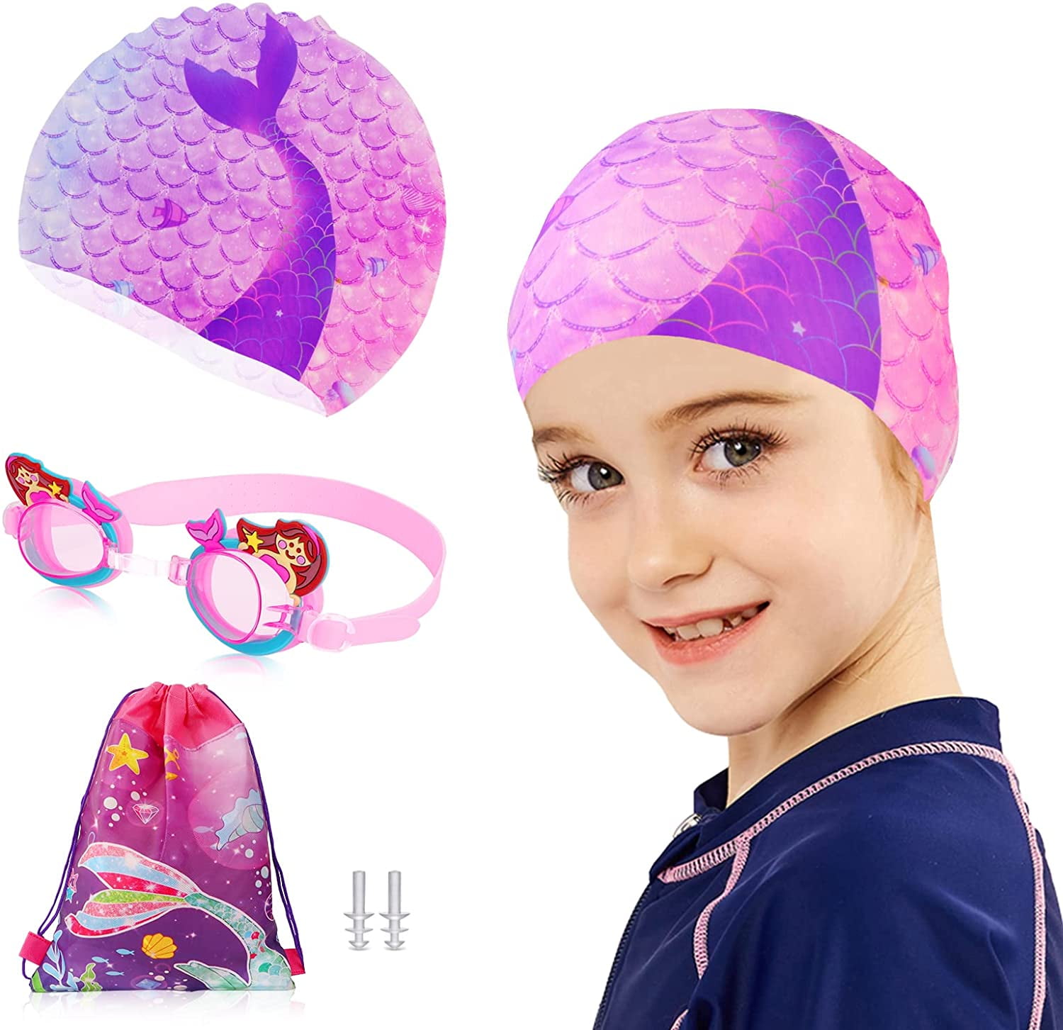TCJJ Youth Swim Cap, Goggles Set with Storage Bag (Ages 3-12 ...