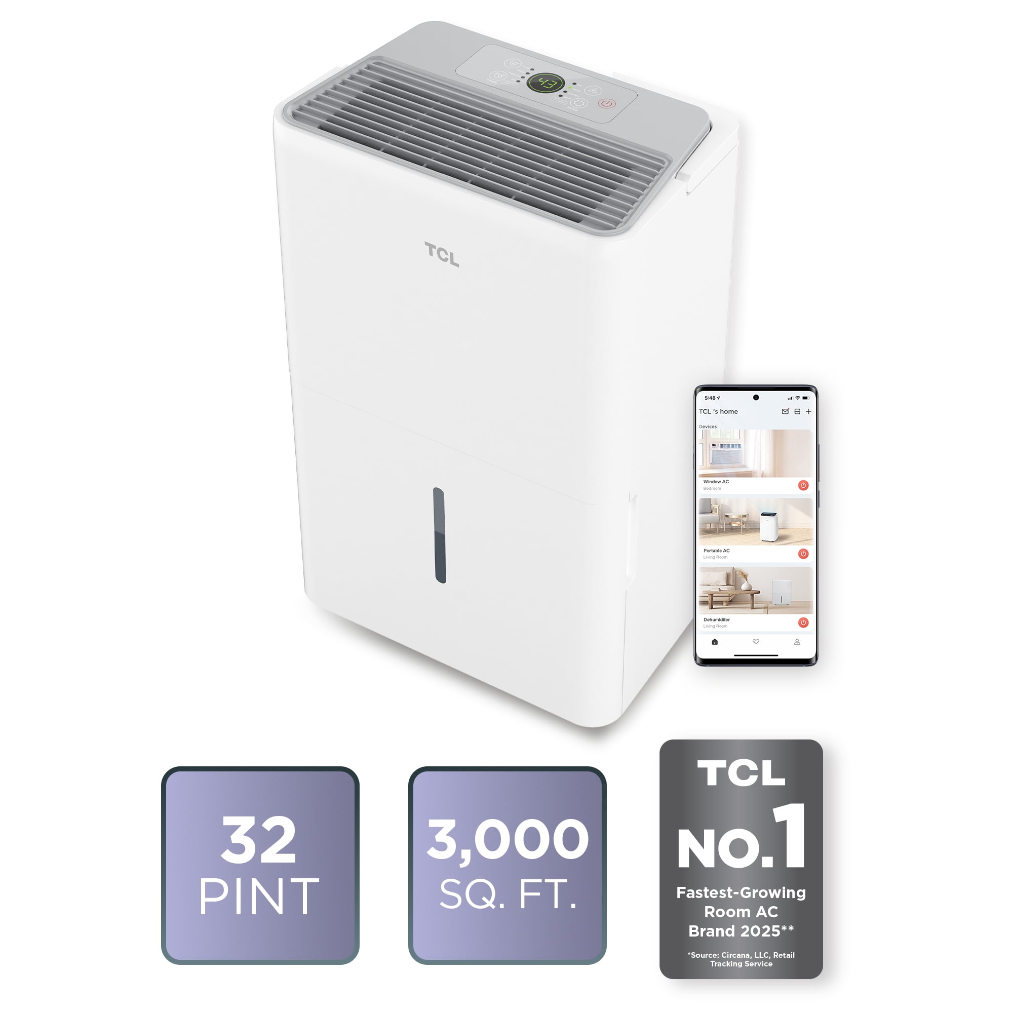 TCL 32 Pt 3,000 sq ft Smart Dehumidifier - White, Energy Star Most ...