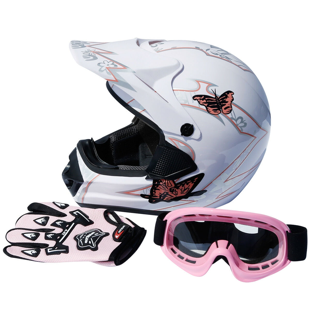 TCMT DOT Adult Motorcycle Helmet Pink Butterfly White with Goggles ...