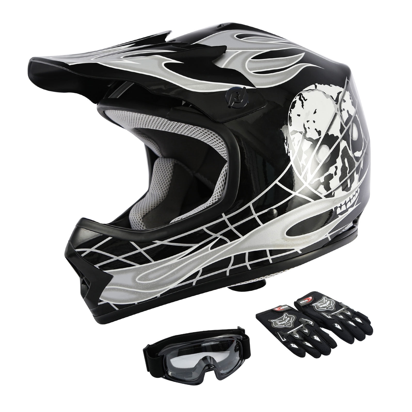 TCMT DOT Motorcycle Helmet for Kids, Black Skull, Goggles and Gloves ...