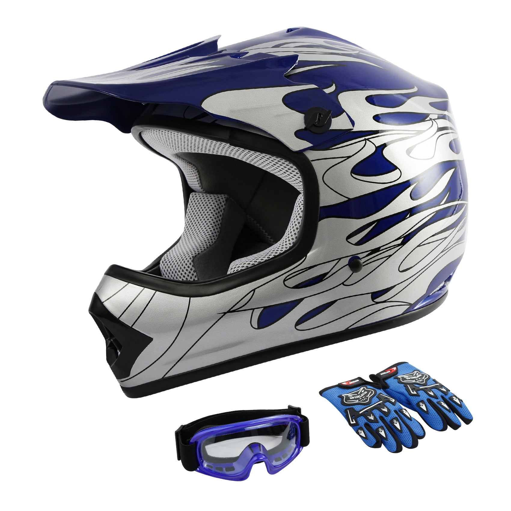 TCMT DOT Kids Motorcycle Helmet, Blue Flame, Goggles Gloves Set, Dirt ...
