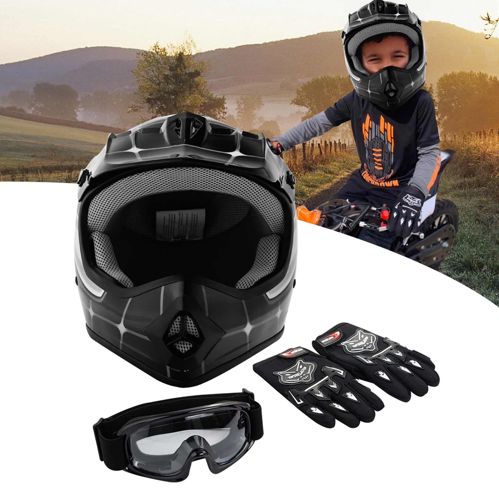 TCMT Helmet for Kids Black Spider Net with Goggles & Gloves DOT Youth ...