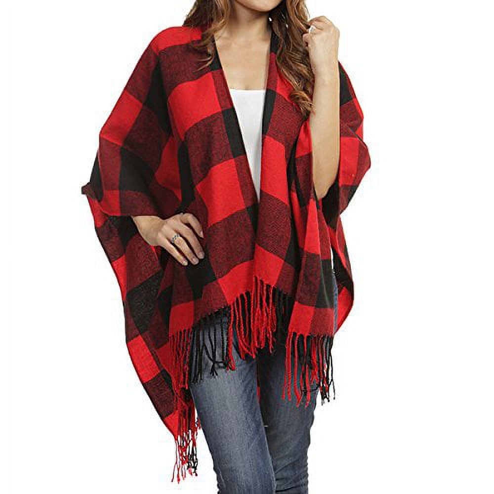 TD Collections Women's Woven Buffalo Plaid Ruana Wrap Shawl (Black/Red ...