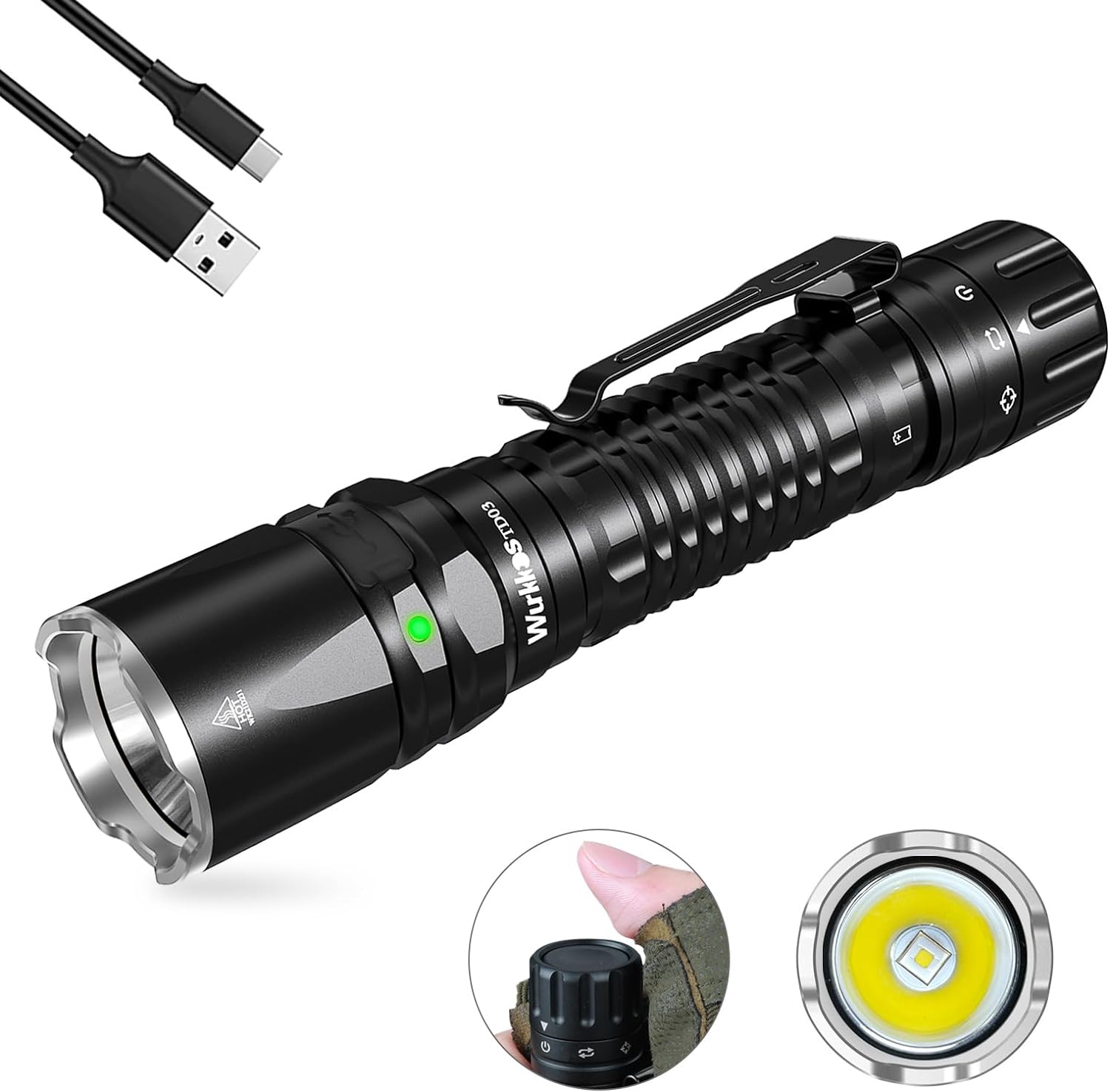 TD03 LED Tactical Flashlight High Lumens,Rechargeable Flashlights with Tail Rotary Switch,1800 ...