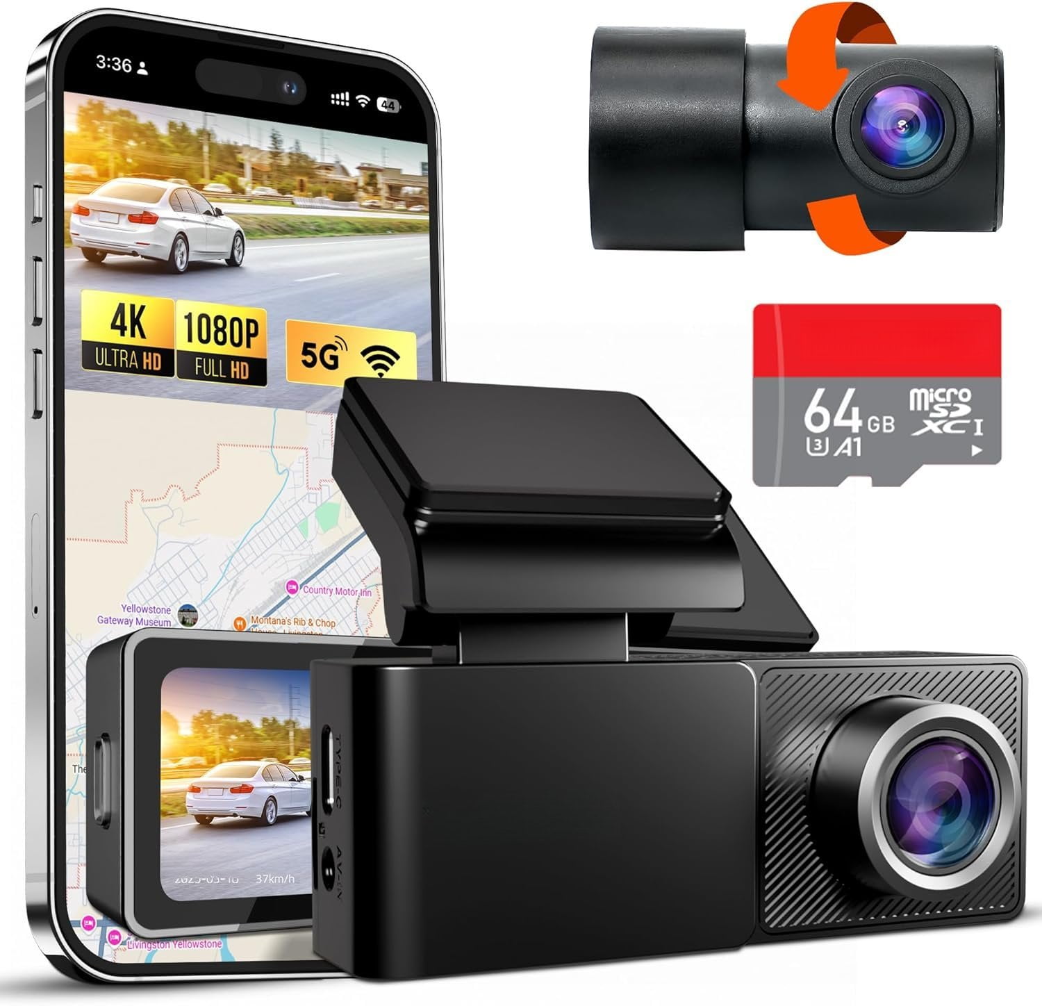 TD3 4K Dash Cam Front and Rear with App, Video Camera 4K+1080P with 5G ...