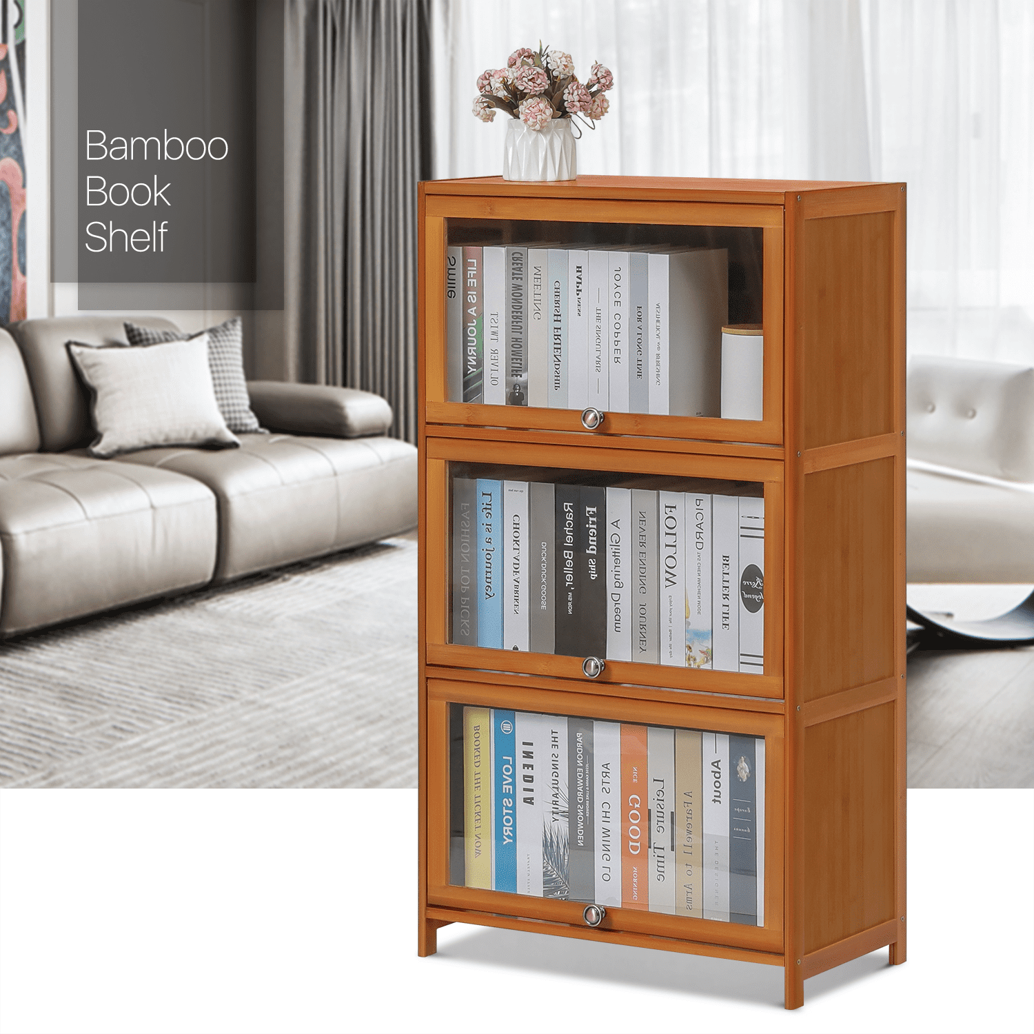 TDUKDB 24-inch 3-Tier Bamboo Bookcase with Flip-Up Visible Door, Book ...