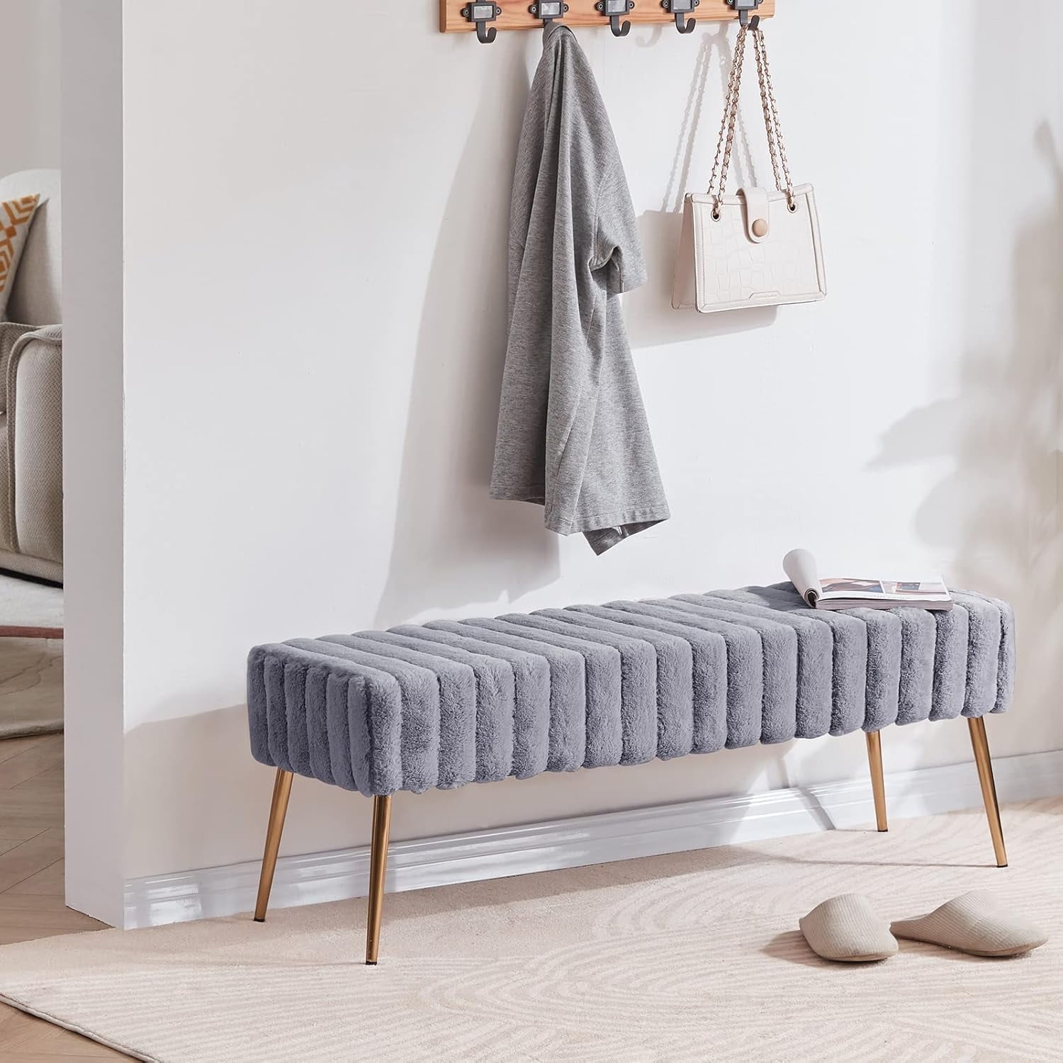 TDUKDB Faux Fur Ottoman Bench, Stitched Upholstered Bedroom Benches ...