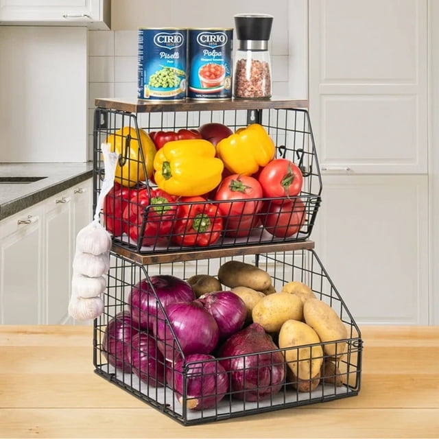 TEAFIRST 2 Tier Fruit Baskets, Fruit Kitchen Organization Stackable ...