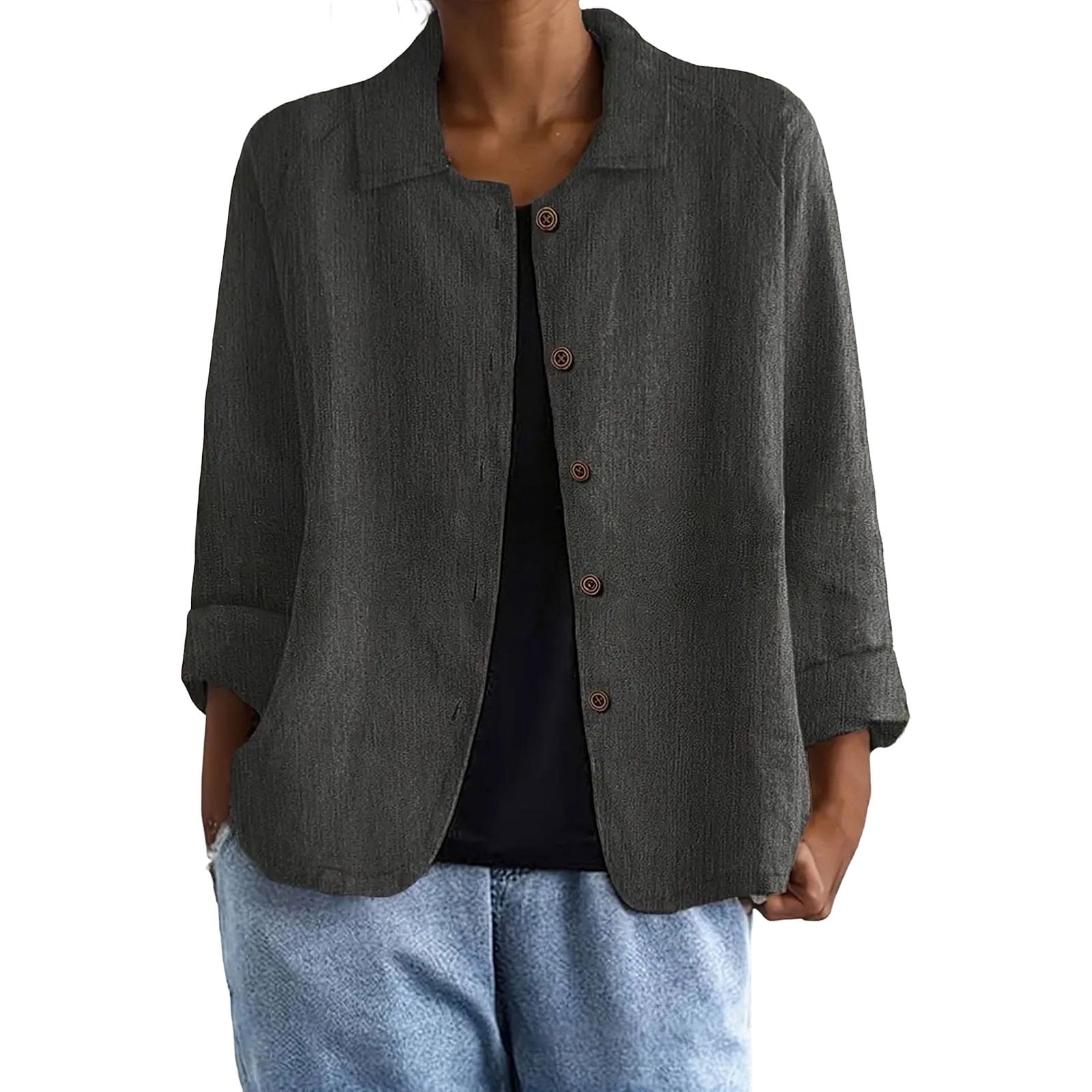 TEAJOPSUU Cotton Linen Blend Tops for Womens Button Down Long Sleeve ...