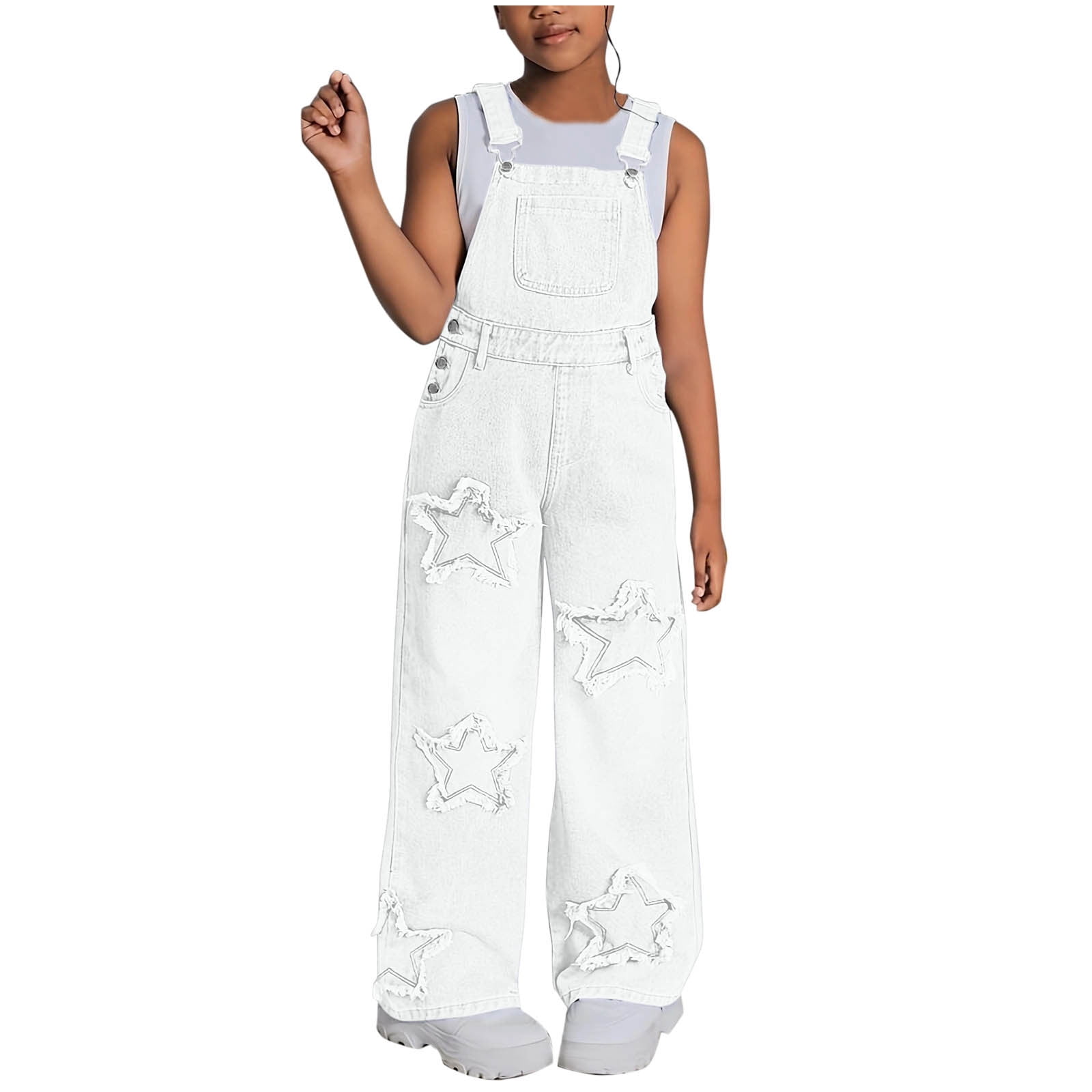 TEAJOPSUU Girl's Jean Overalls Wide Leg Baggy Stretchy Denim Bib Star ...
