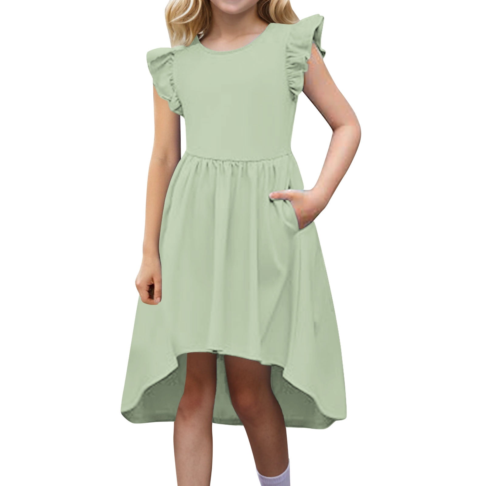 TEAJOPSUU Girls Summer Dress Tween Ruffle Sleeve High Low Ruched formal ...