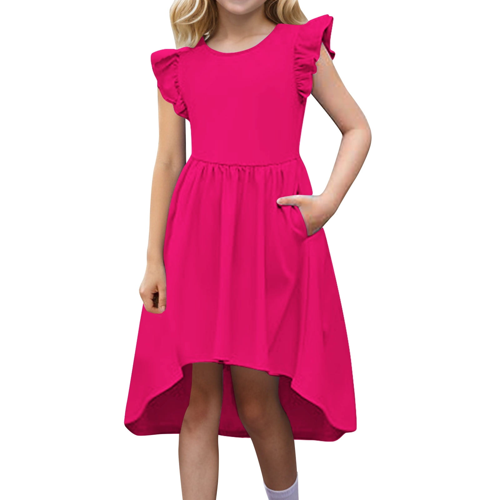 TEAJOPSUU Girls Summer Dress Tween Ruffle Sleeve High Low Ruched formal ...