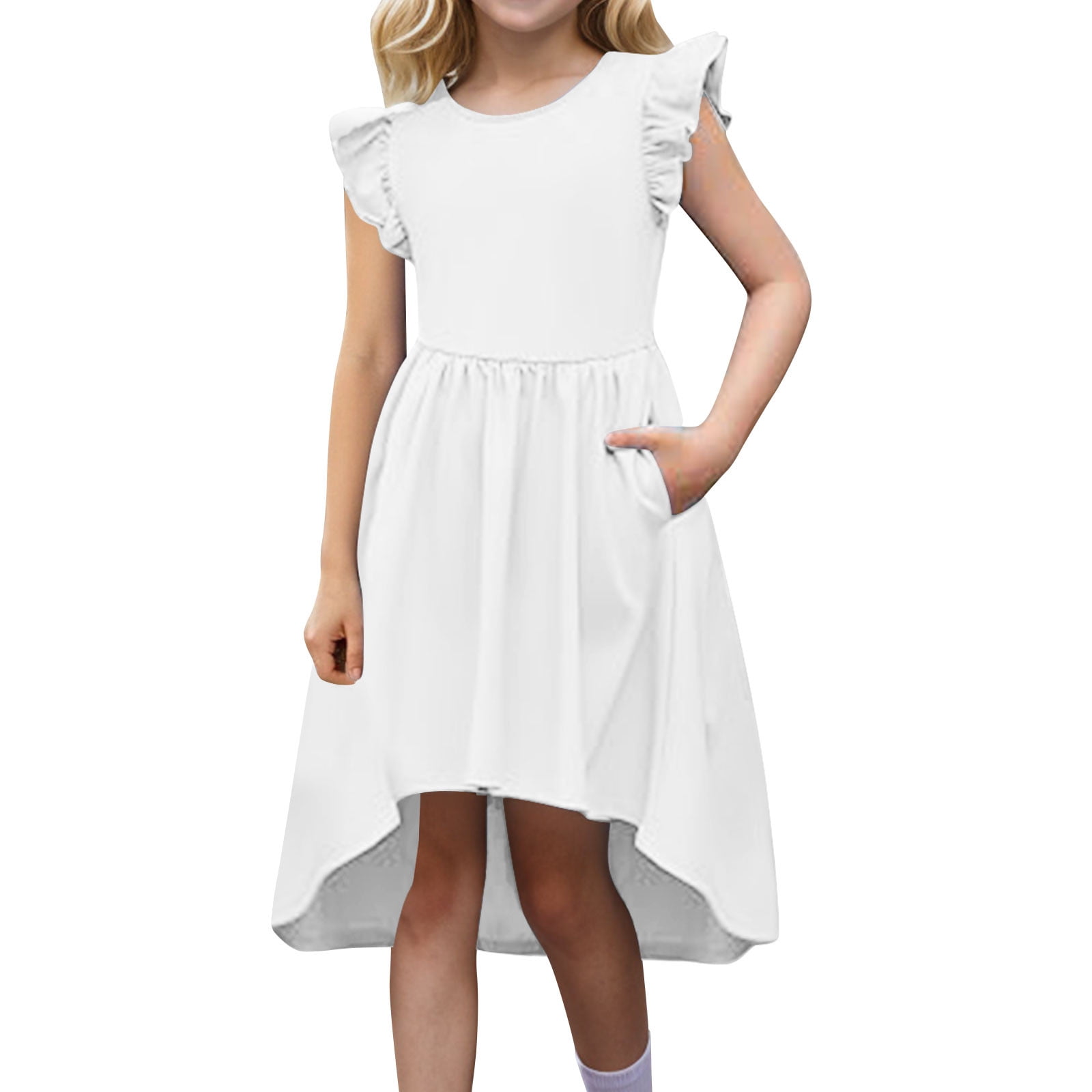 TEAJOPSUU Girls Summer Dress Tween Ruffle Sleeve High Low Ruched formal ...