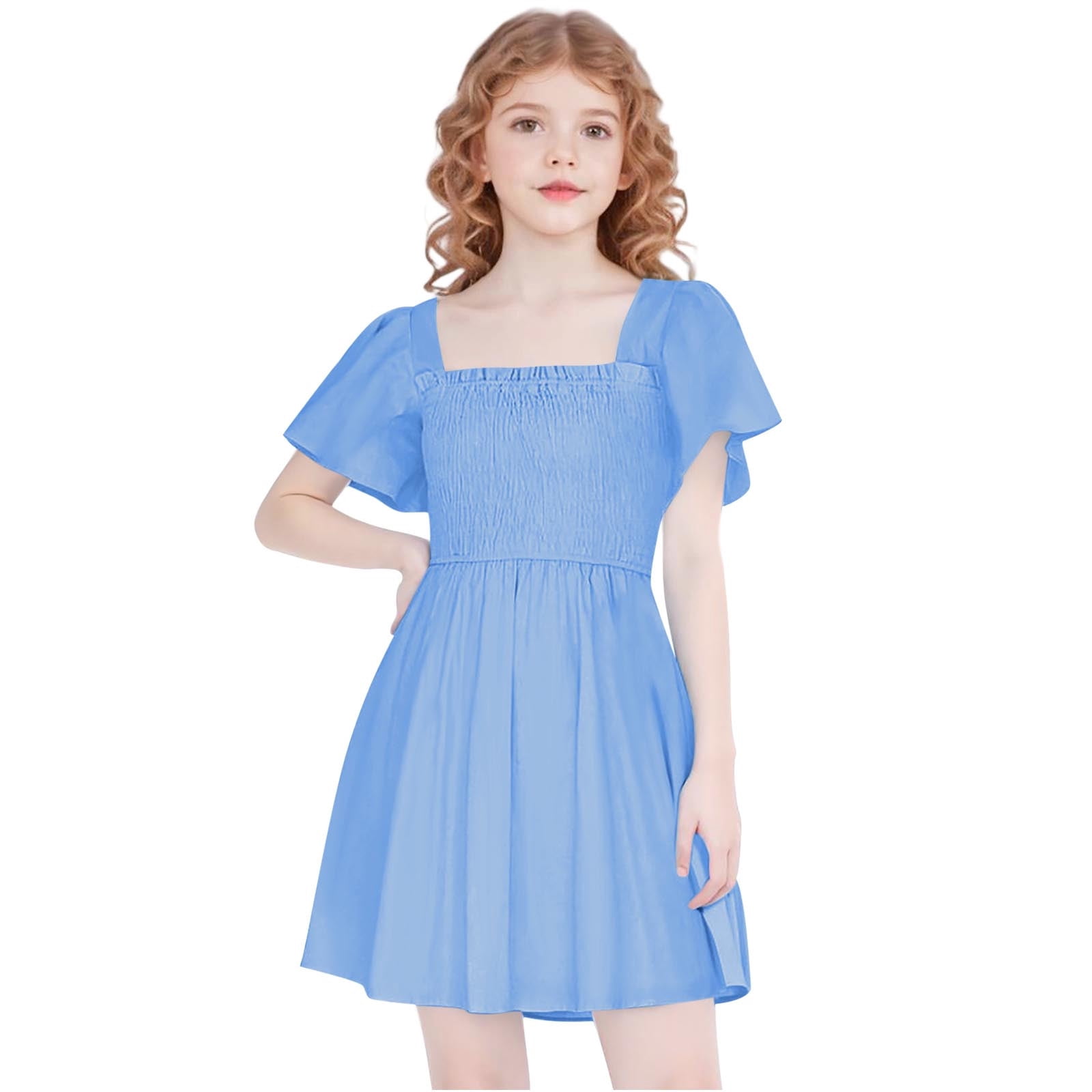 TEAJOPSUU Girls Summer Sundress Reffled Short Sleeve Smocked Aline ...