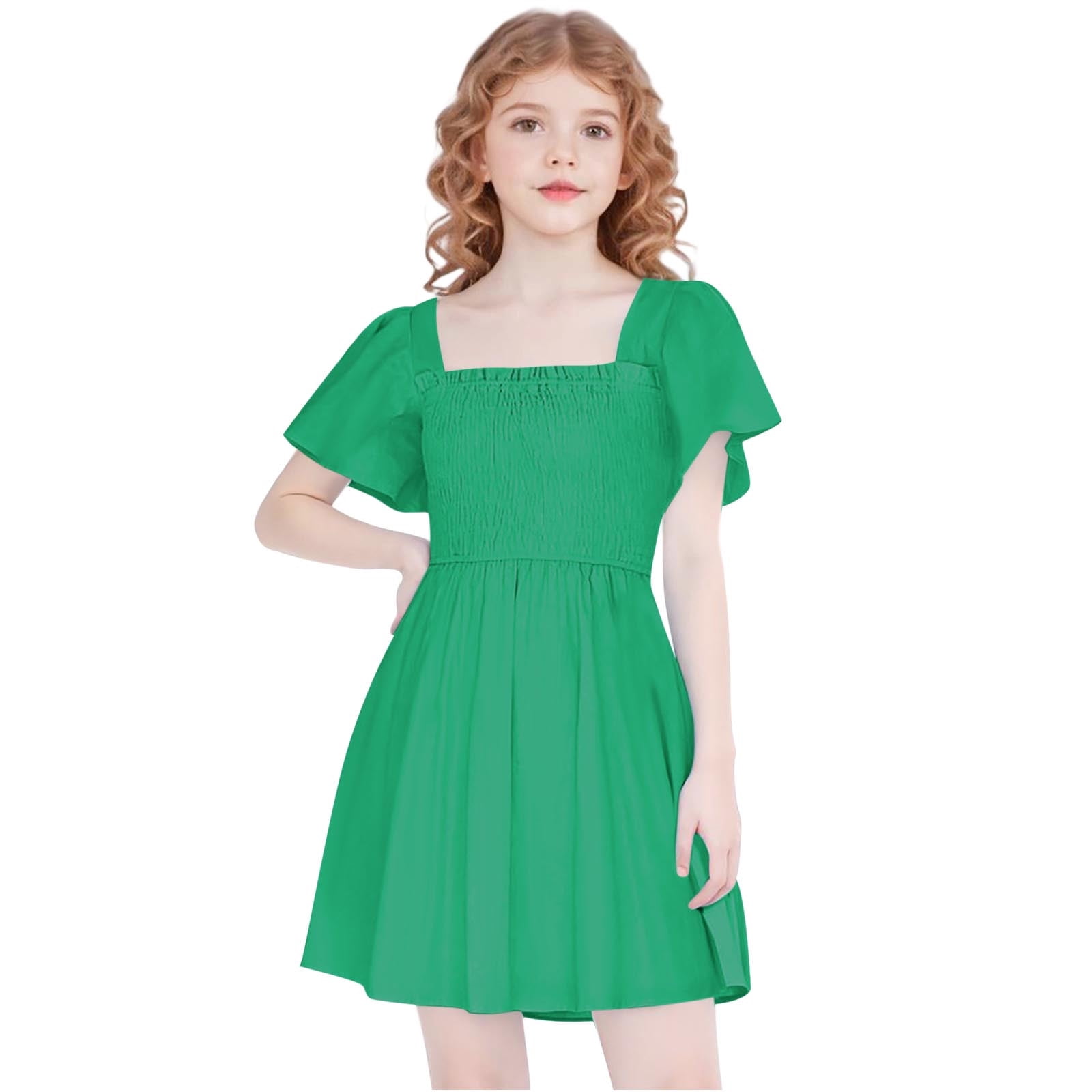 TEAJOPSUU Girls Summer Sundress Reffled Short Sleeve Smocked Aline ...